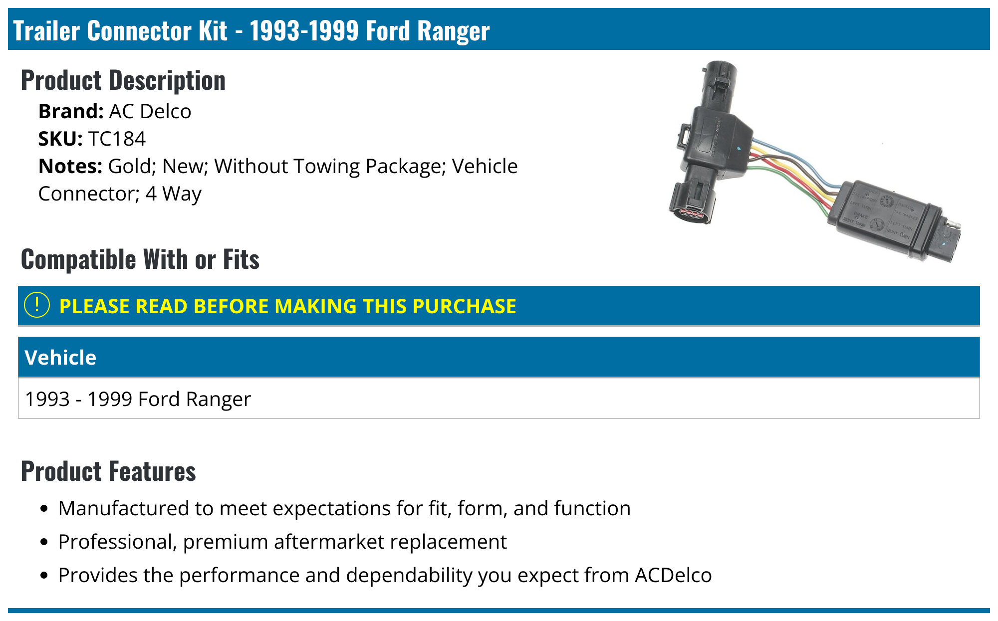 1993-1999 Ford Ranger Trailer Connector Kit - AC Delco TC184 ...