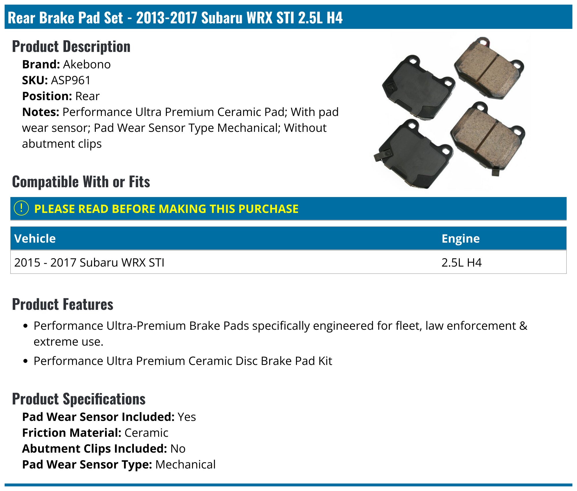 2013-2017 Subaru WRX STI Brake Pad Set - Akebono ASP961 - Rear ...
