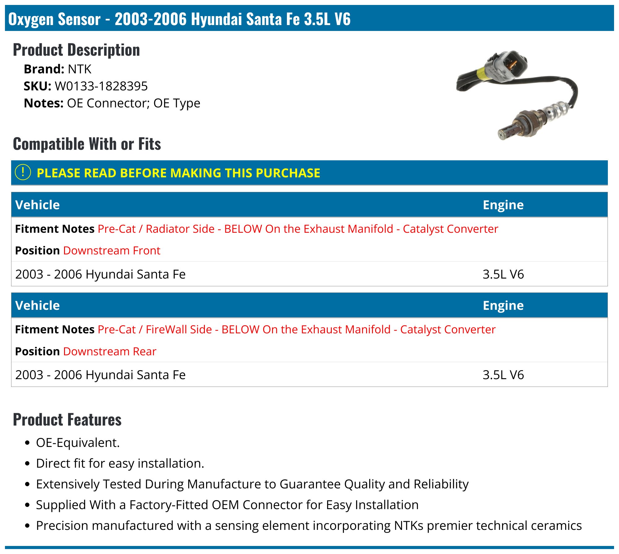 2003-2006 Hyundai Santa Fe Oxygen Sensor - NTK W0133-1828395 ...