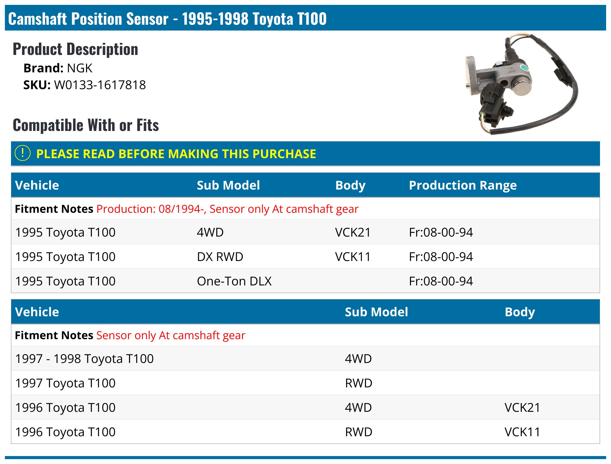 1995-1998 Toyota T100 Camshaft Position Sensor - NGK W0133-1617818 ...