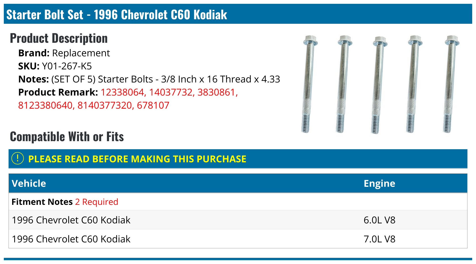 1996 Chevrolet C60 Kodiak Starter Bolt - Replacement Y01-267-K5 ...