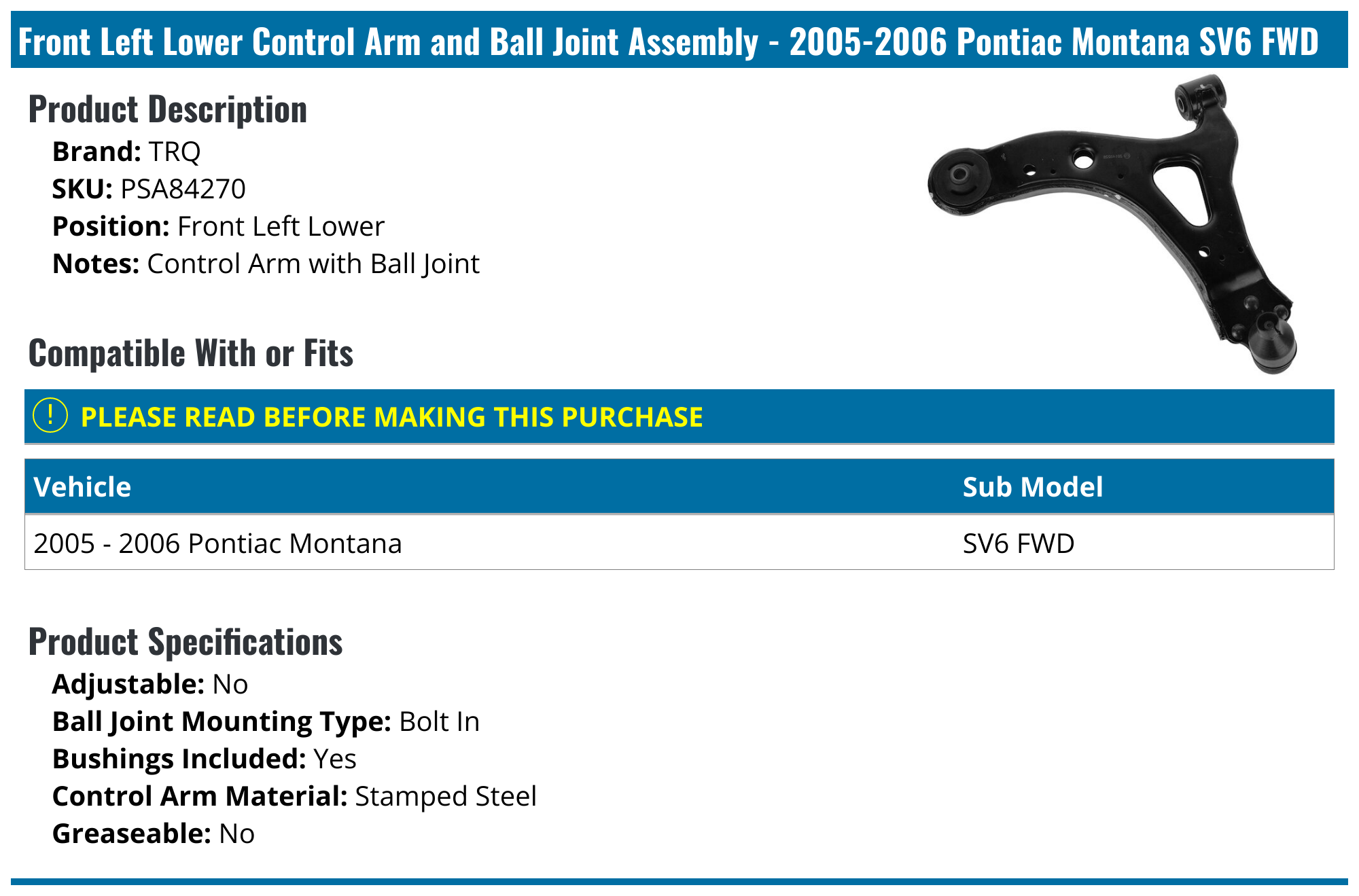 2005-2006 Pontiac Montana Control Arm - TRQ PSA84270 - Front Left Lower ...
