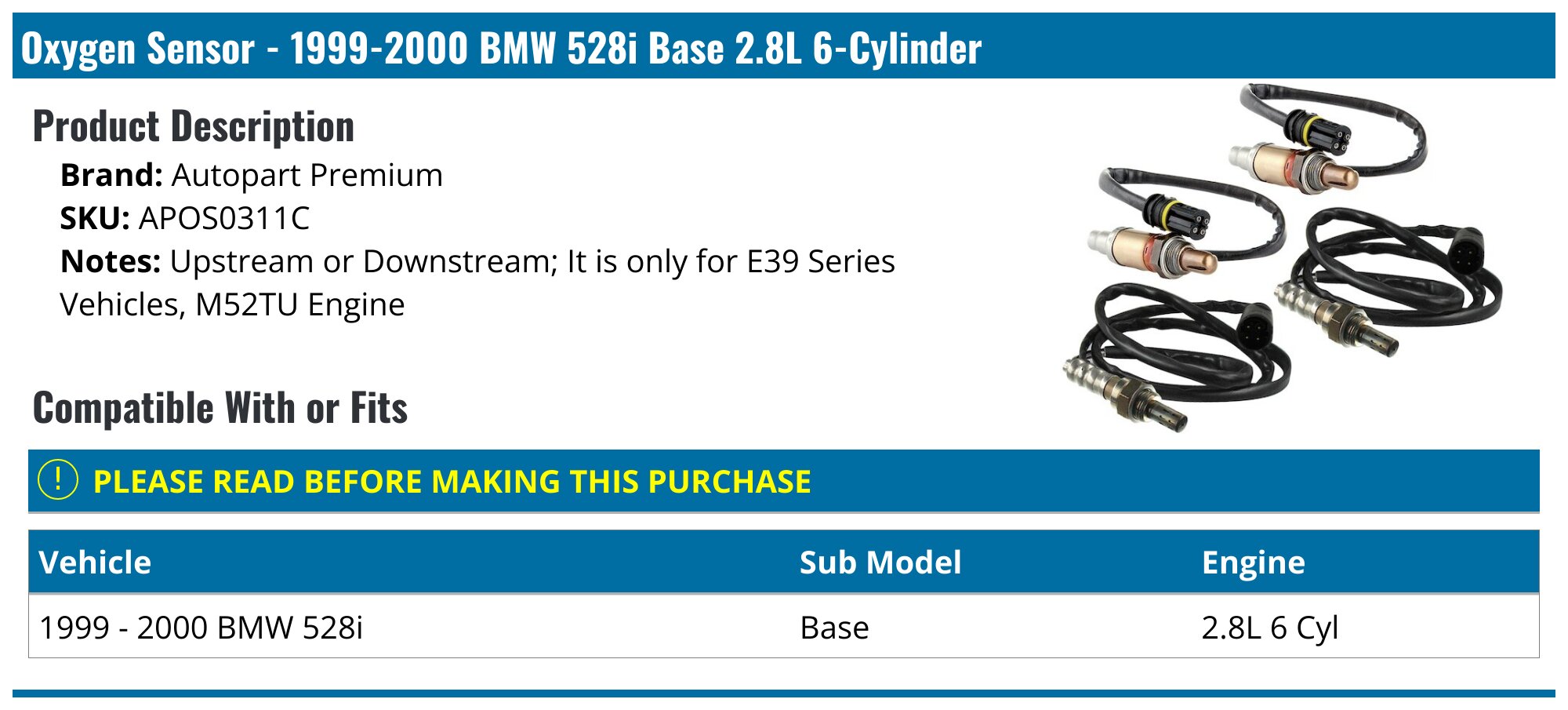 1999-2000 BMW 528i Oxygen Sensor - Autopart Premium APOS0311C ...