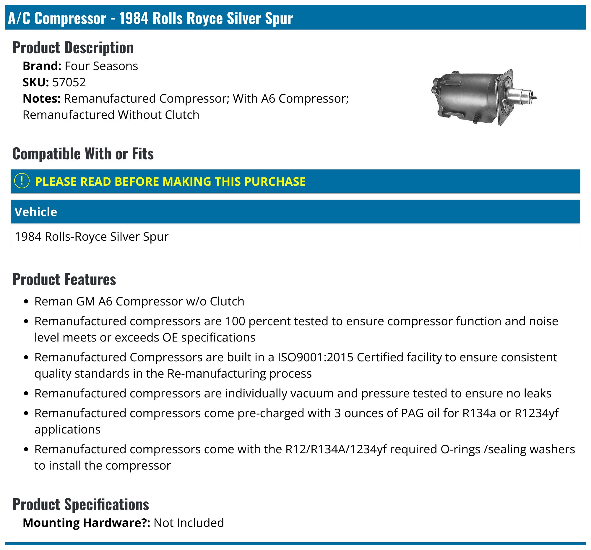1984 Rolls Royce Silver Spur A/C Compressor - Four Seasons 57052 ...