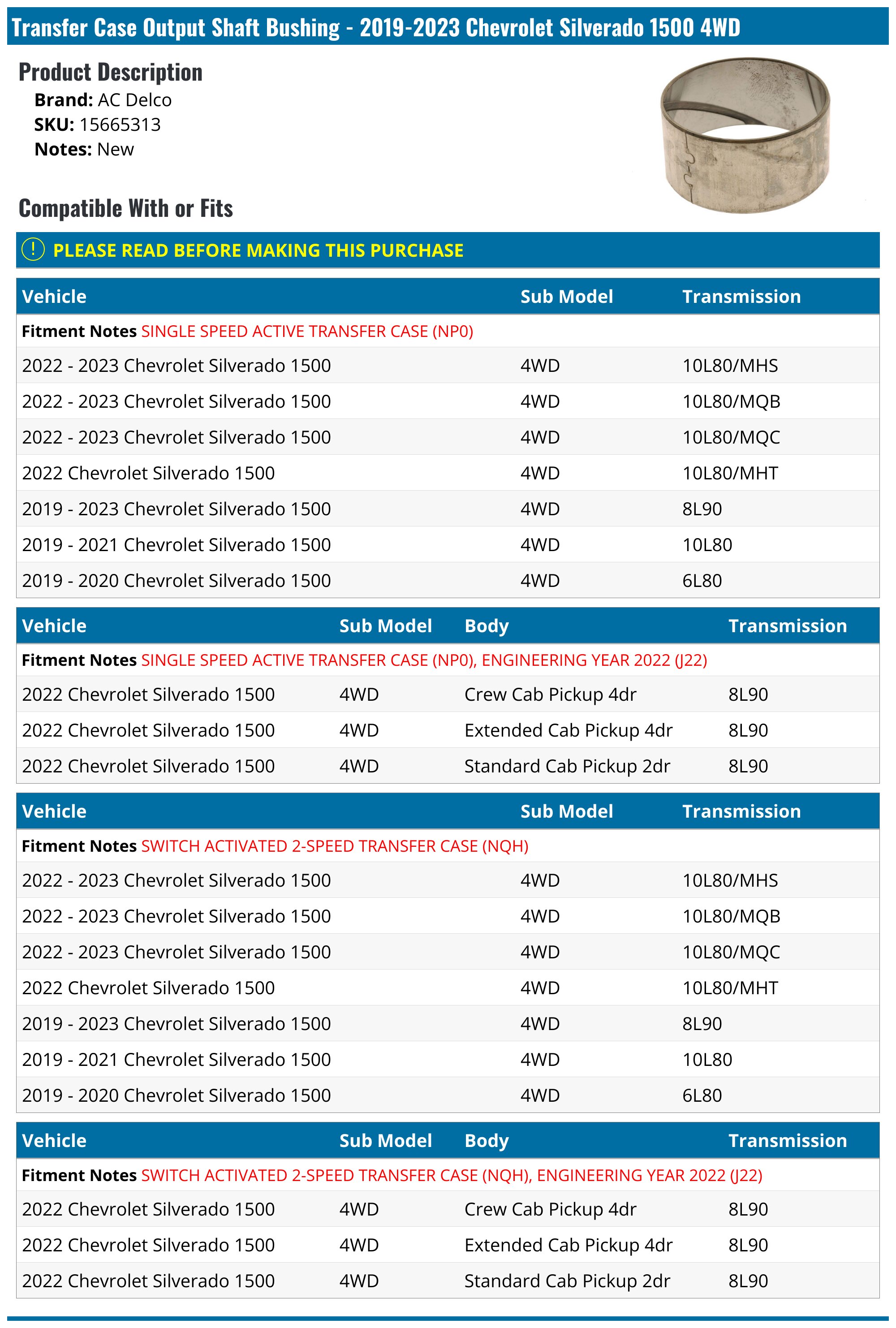 2019-2025 Chevrolet Silverado 1500 Transfer Case Output Shaft Bushing ...
