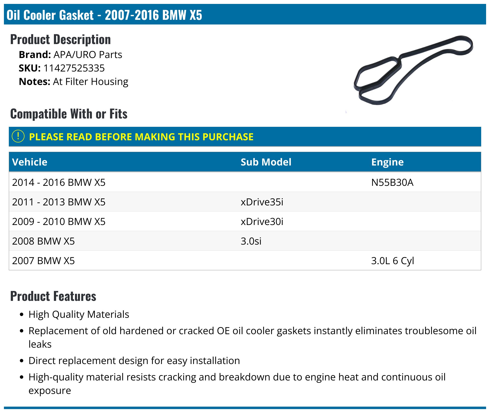 2007-2016 BMW X5 Oil Cooler Gasket - APA/URO Parts 11427525335 ...