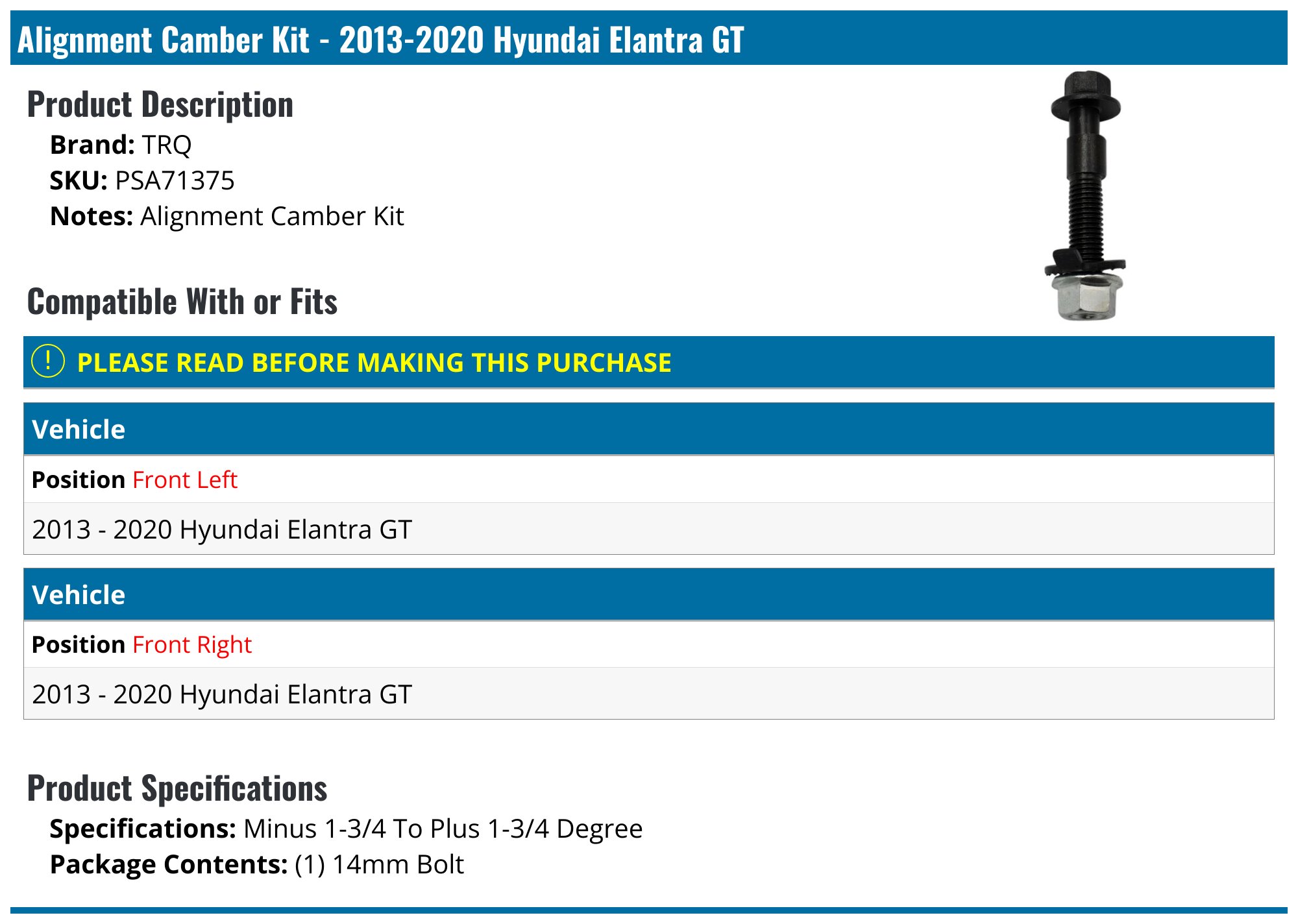 2013-2020 Hyundai Elantra GT Alignment Camber Kit - TRQ PSA71375 ...