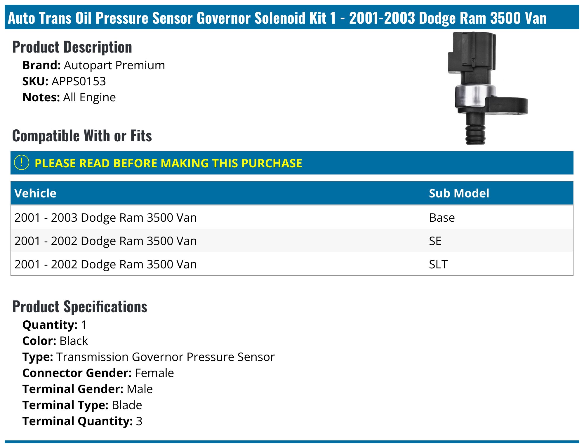 2001-2003 Dodge Ram 3500 Van Auto Trans Oil Pressure Sensor - Autopart ...