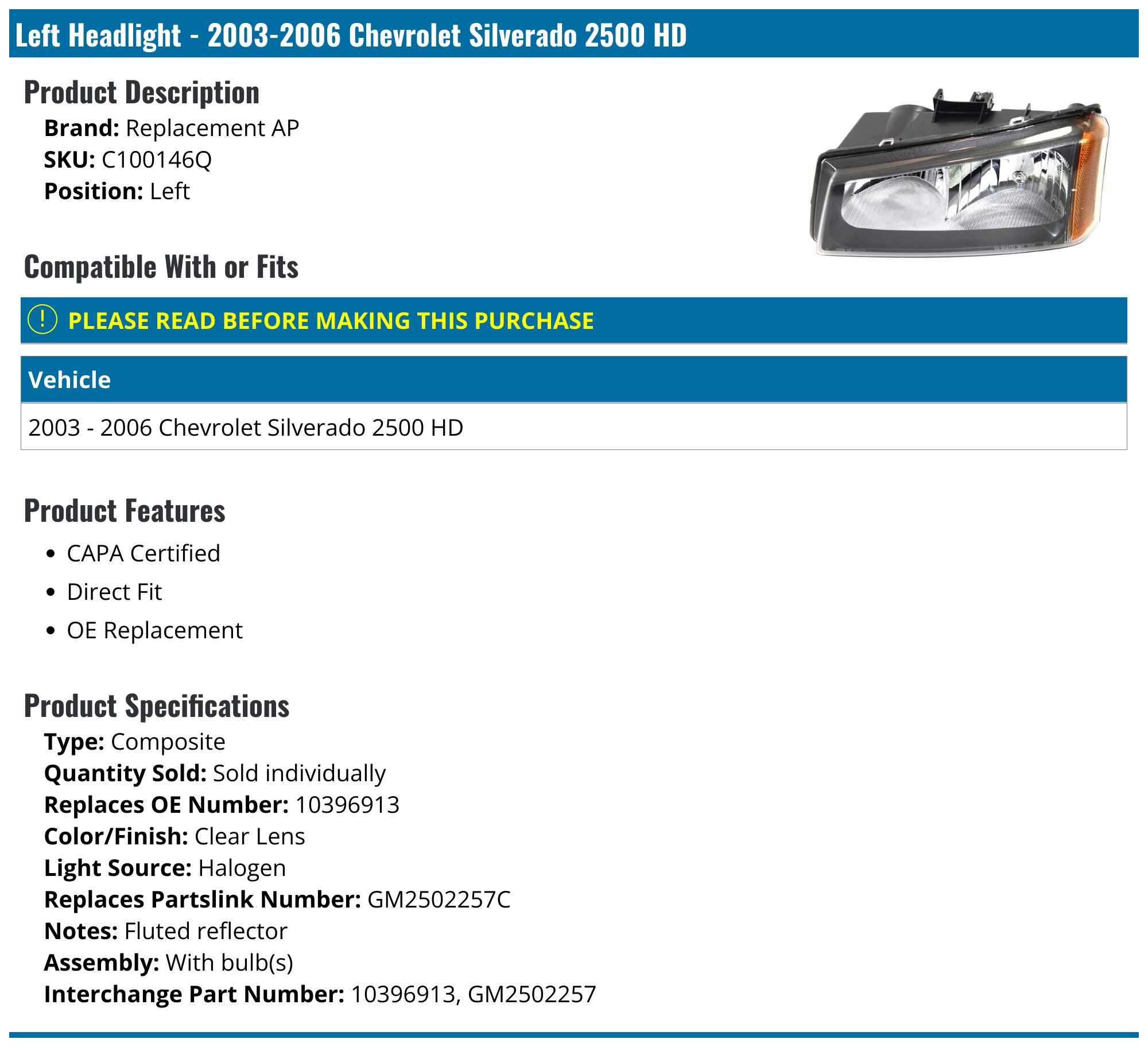 2003-2006 Chevrolet Silverado 2500 HD Headlight Assembly - Replacement ...