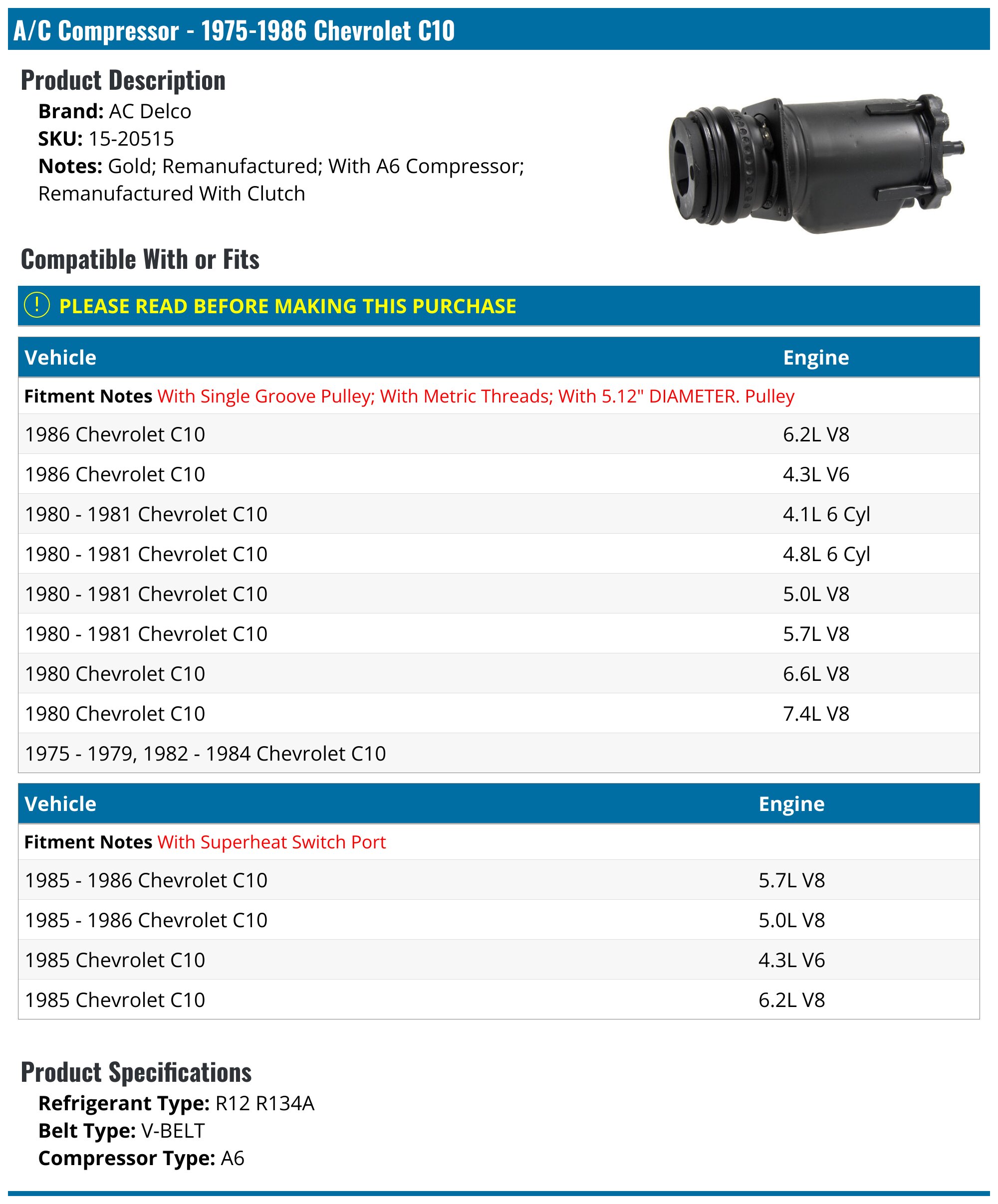 1975-1986 Chevrolet C10 A/C Compressor - AC Delco 15-20515 - PartsGeek.com