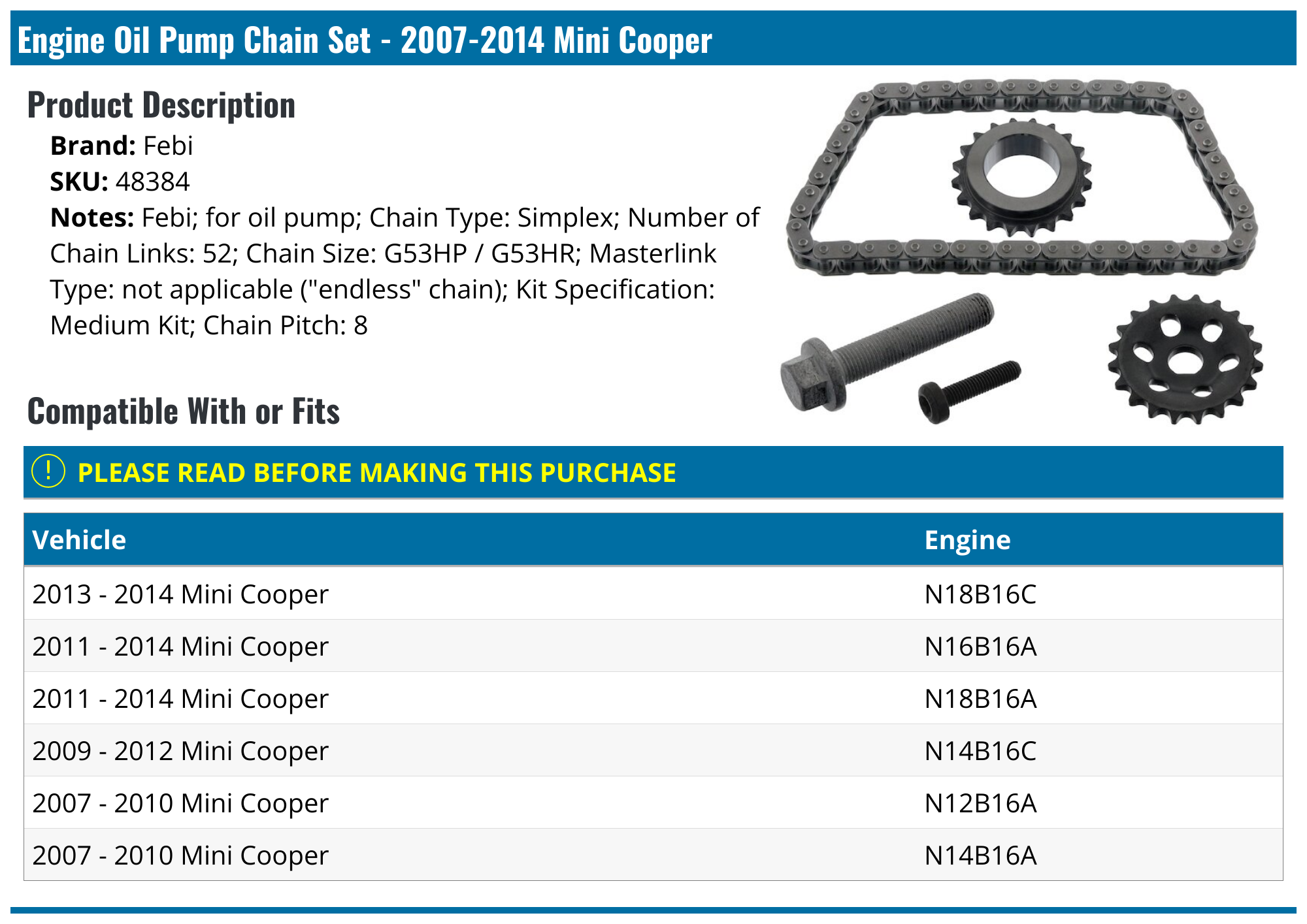 2007-2014 Mini Cooper Engine Oil Pump Chain Set - Febi 48384 ...