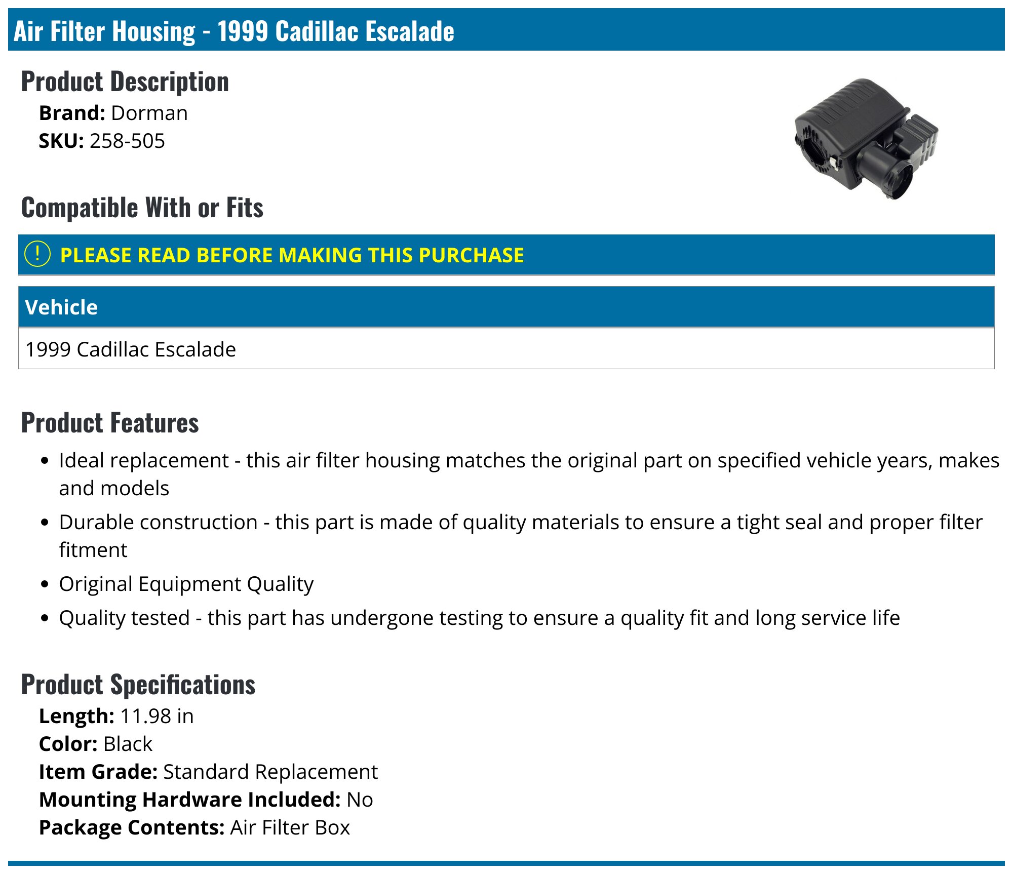 1999 Cadillac Escalade Air Filter Housing - Dorman 258-505 - PartsGeek.com