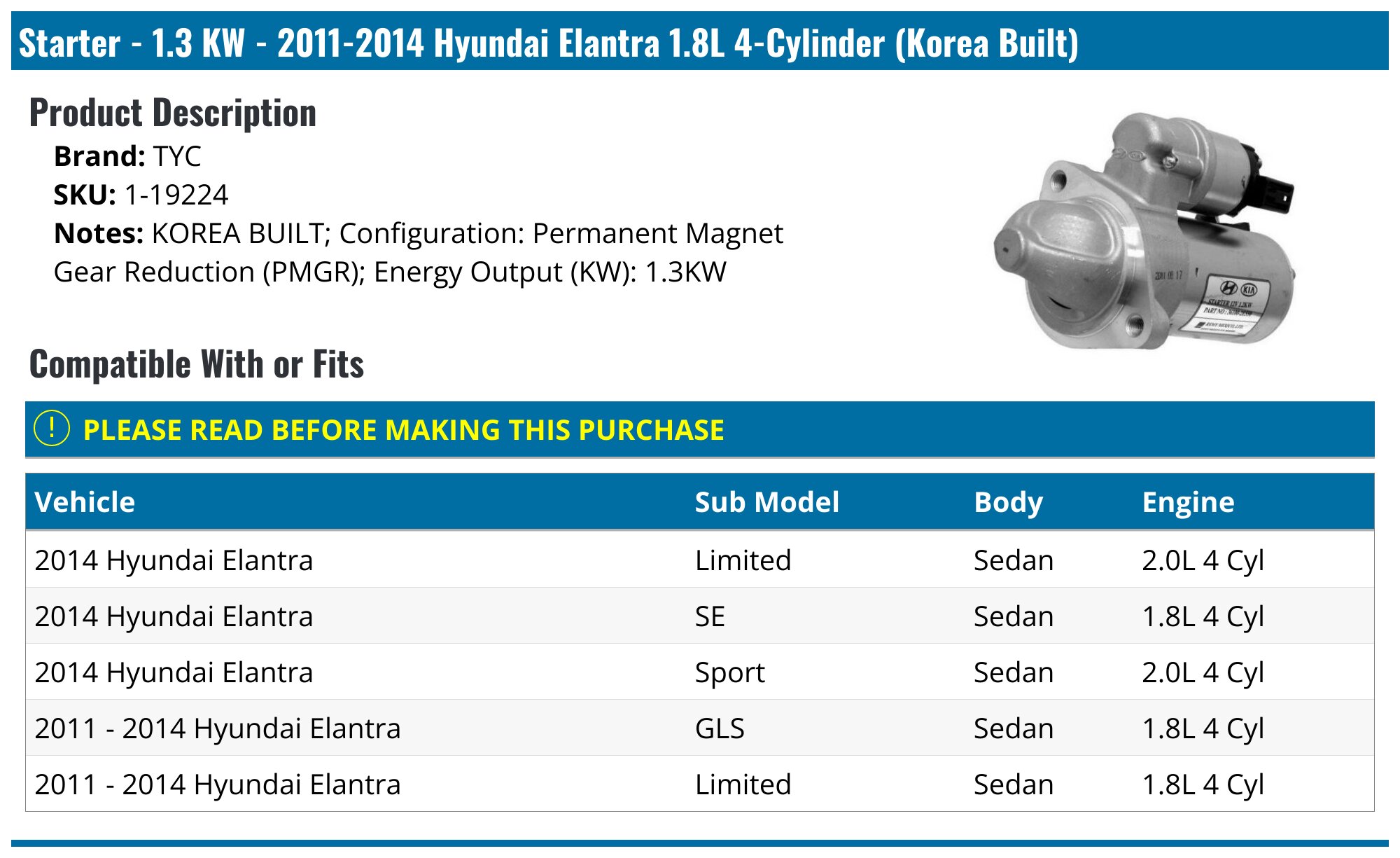 2011-2014 Hyundai Elantra Starter - TYC 1-19224 - PartsGeek.com