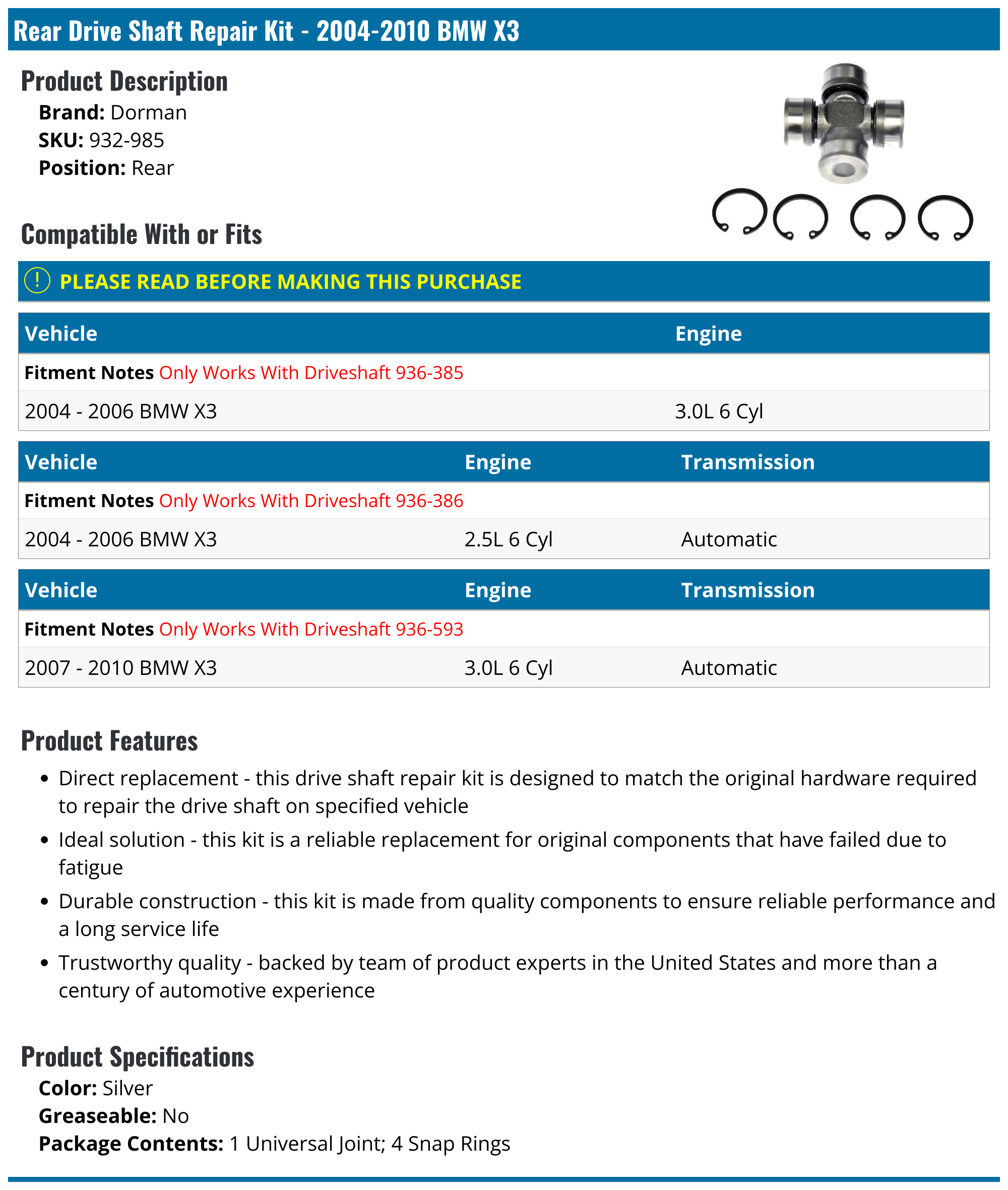 2004-2010 BMW X3 Drive Shaft Repair Kit - Dorman 932-985 - Rear ...