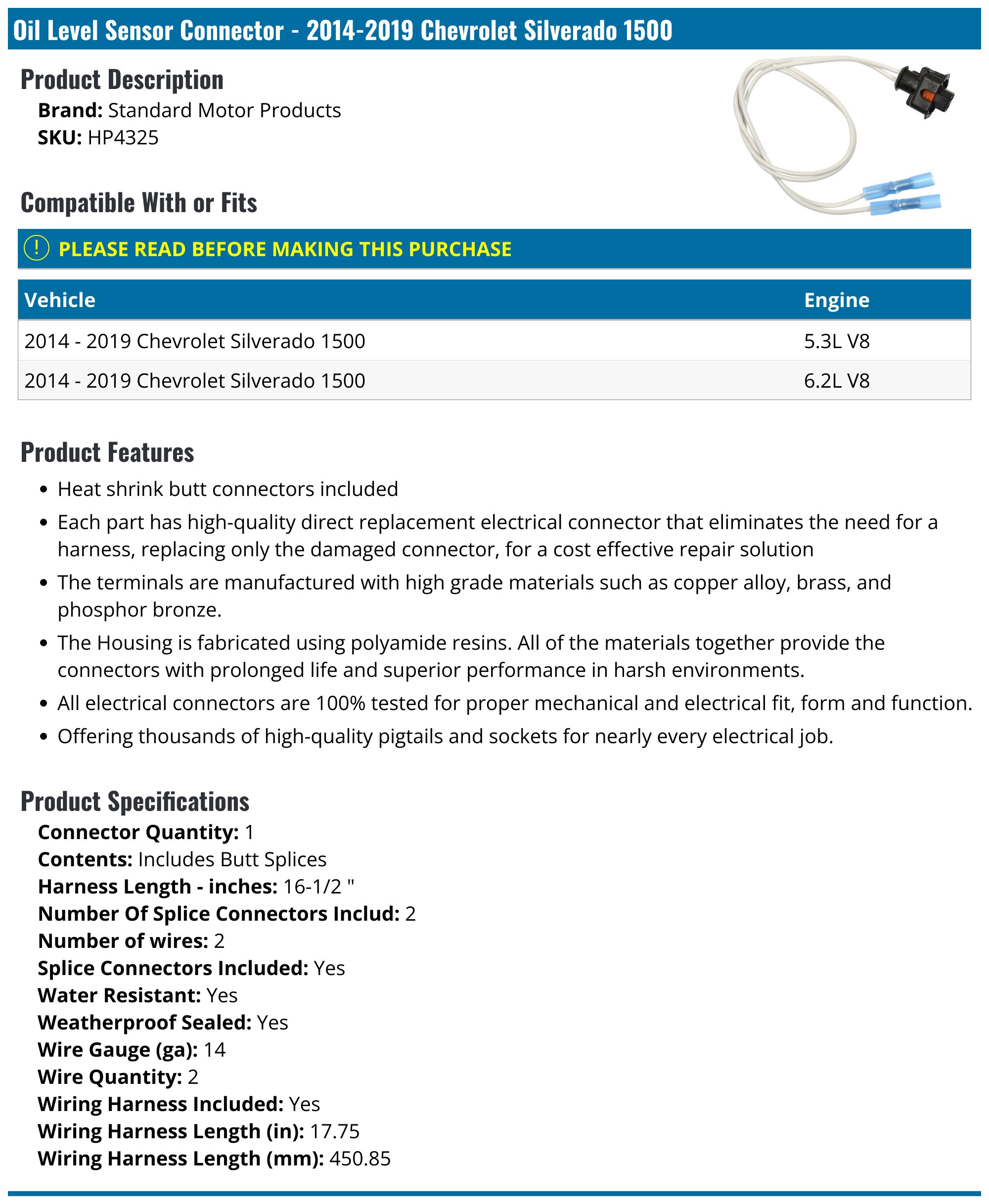 2014-2019 Chevrolet Silverado 1500 Oil Level Sensor Connector ...