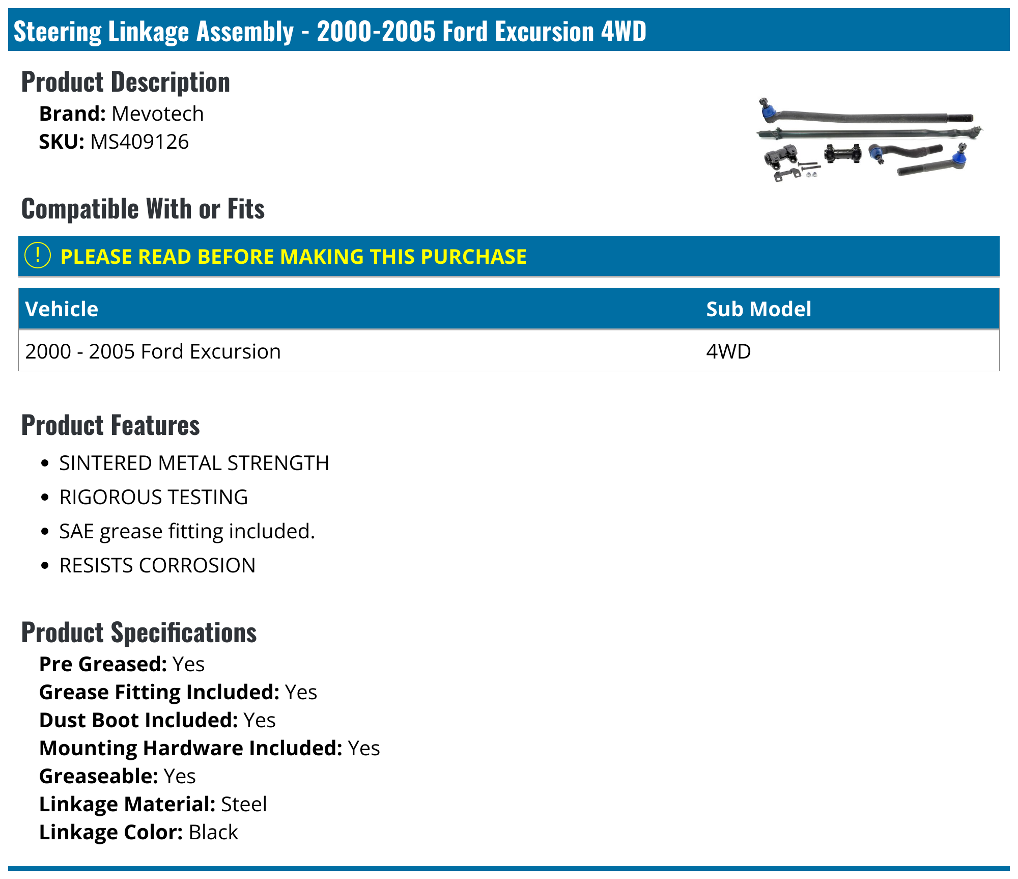 2000-2005 Ford Excursion Steering Linkage Assembly - Mevotech MS409126 ...