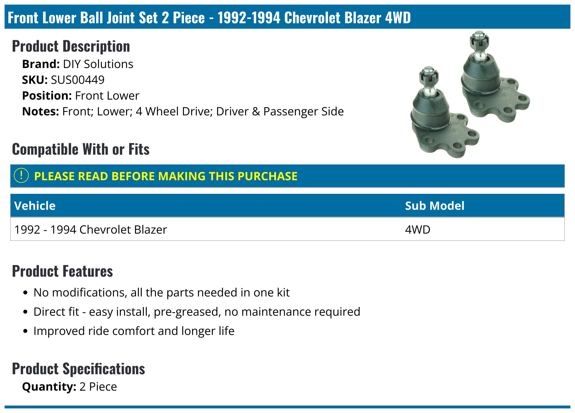 1992-1994 Chevrolet Blazer Ball Joint - DIY Solutions SUS00449 - Front ...