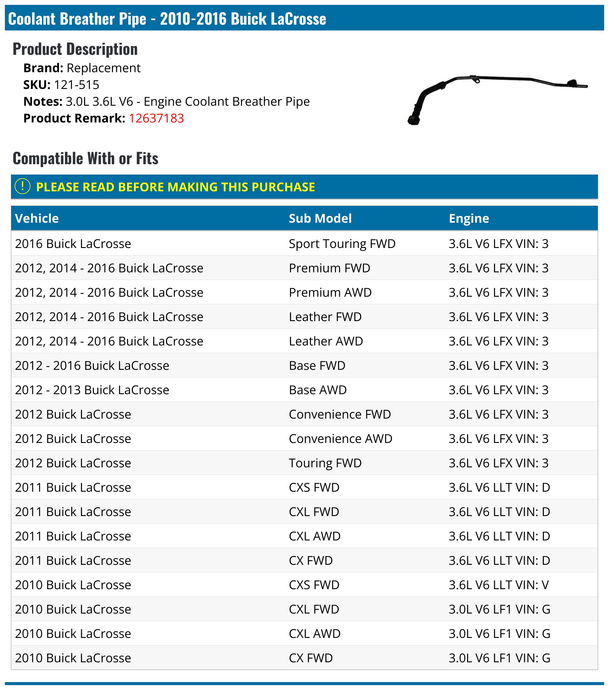 2010-2016 Buick LaCrosse Coolant Breather Pipe - Replacement 121-515 ...