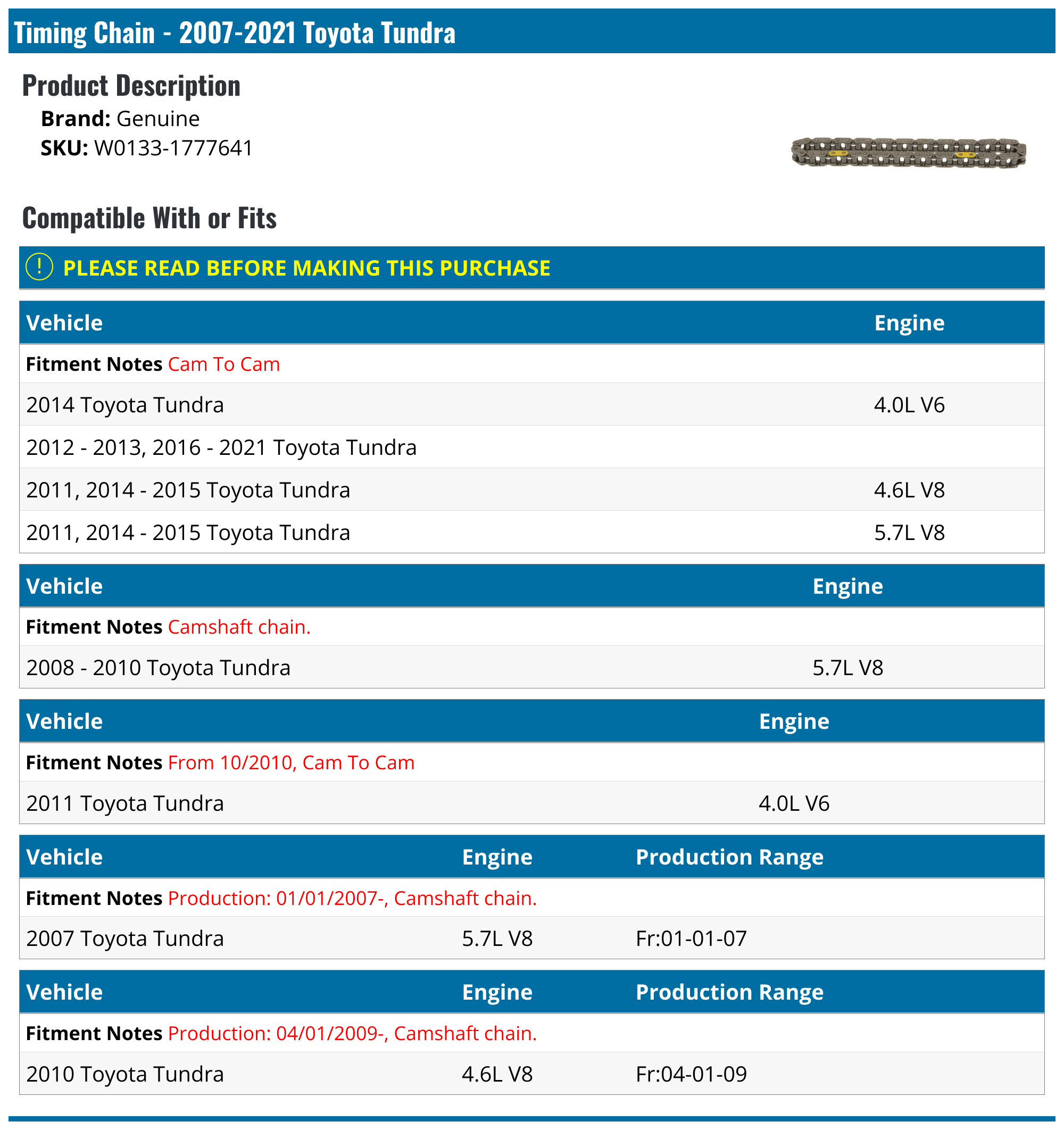 2007-2021 Toyota Tundra Timing Chain - Genuine W0133-1777641 ...