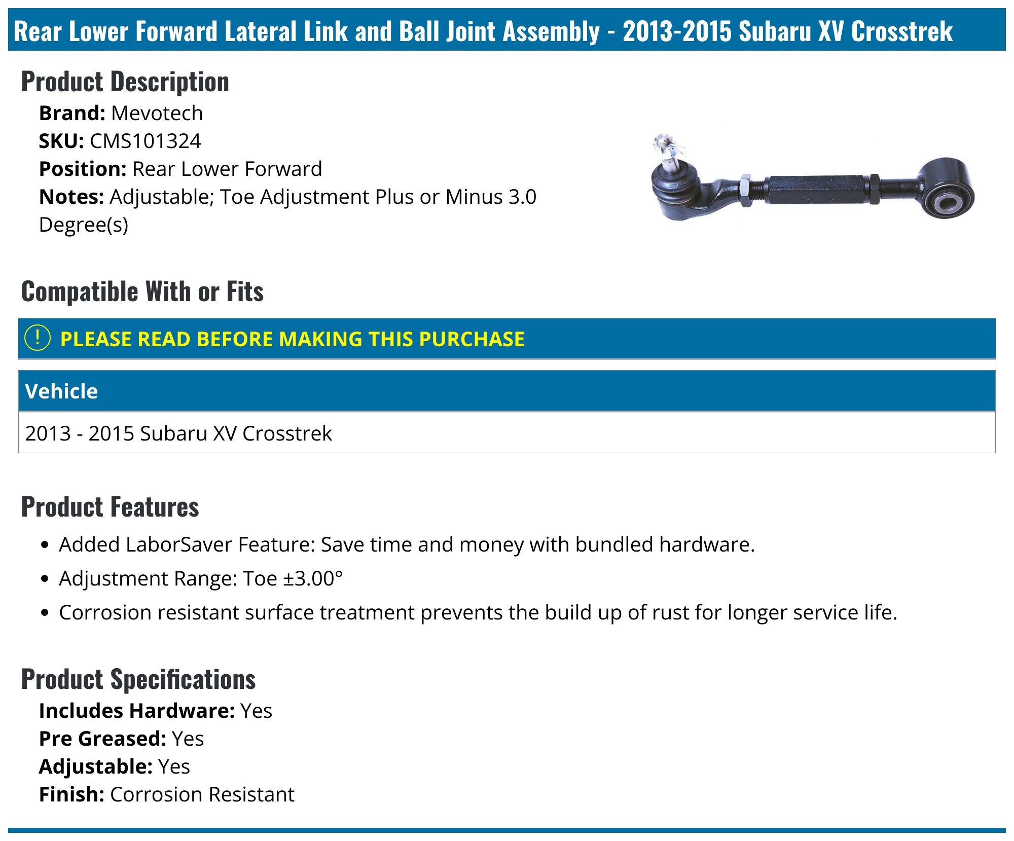 2013-2015 Subaru XV Crosstrek Ball Joint - Mevotech CMS101324 - Rear ...
