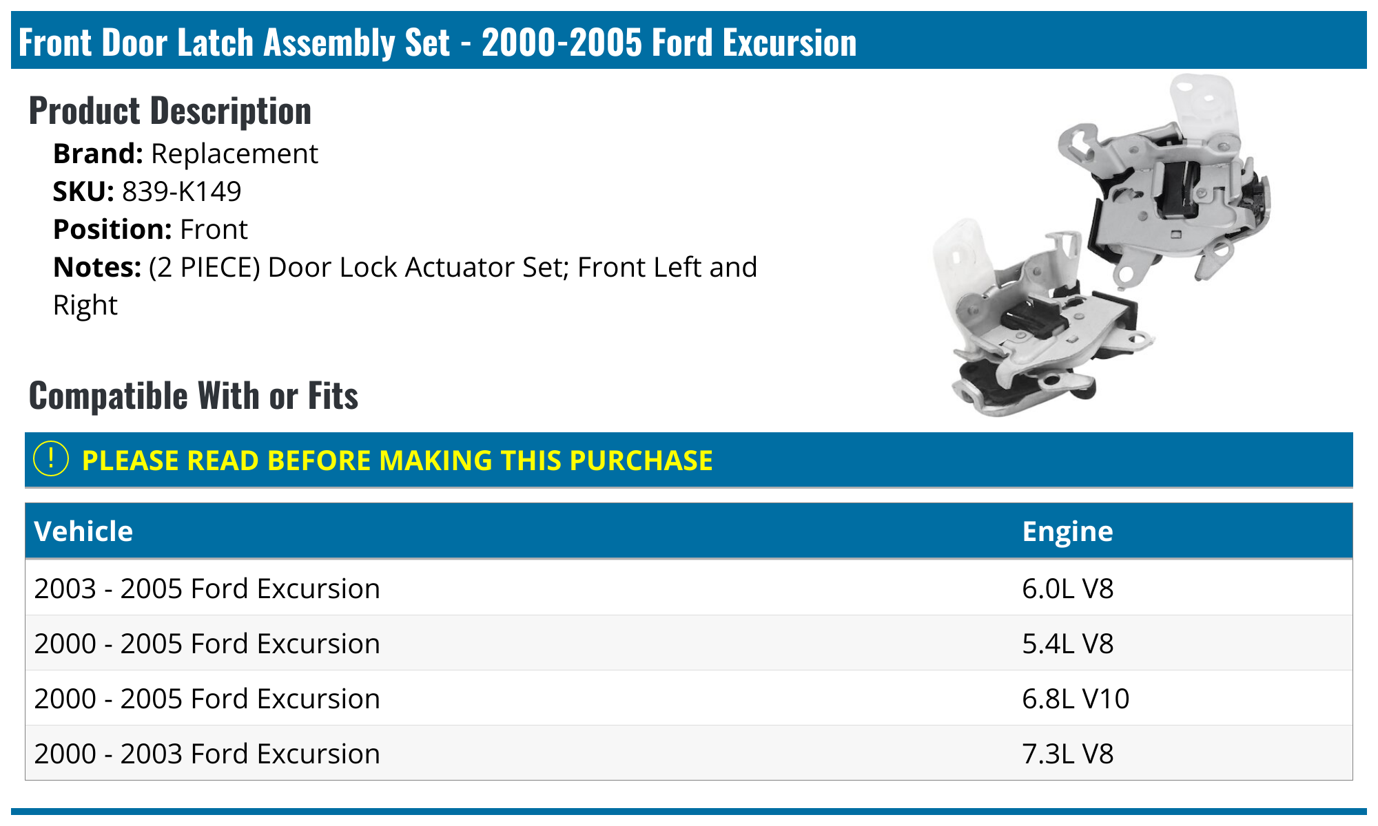 2000-2005 Ford Excursion Door Latch Assembly - Replacement 839-K149 ...