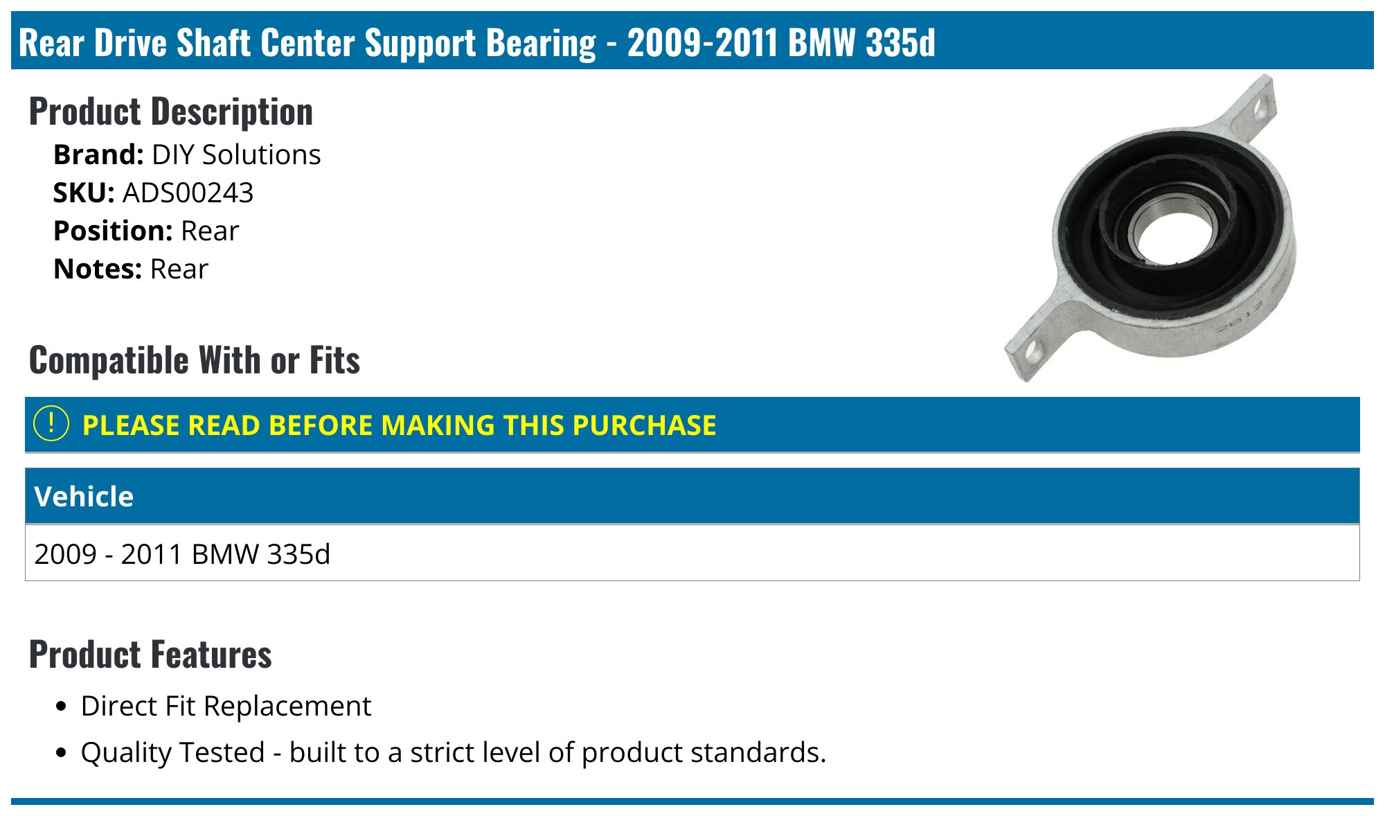 2009-2011 BMW 335d Drive Shaft Center Support Bearing - DIY Solutions ...