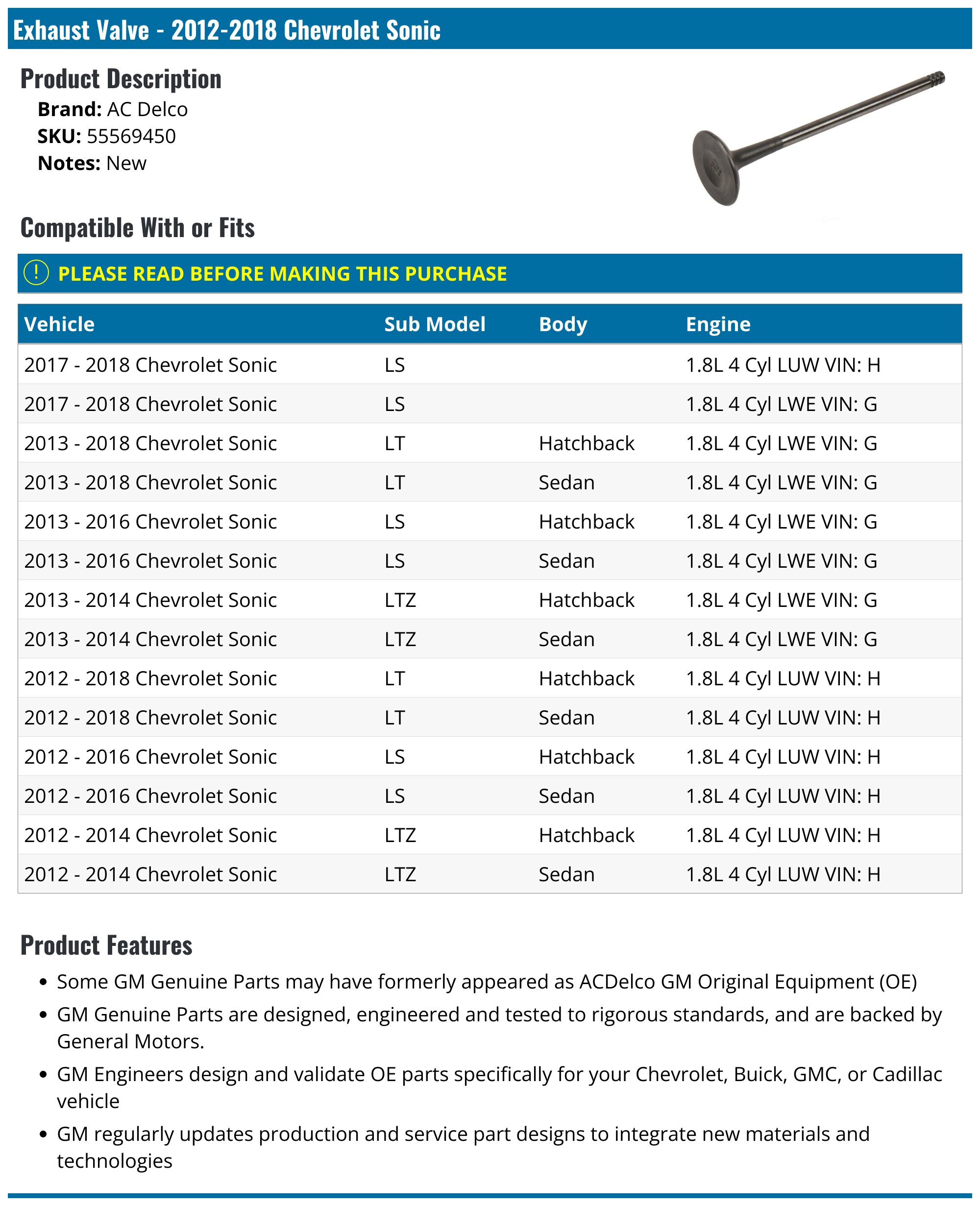 2012-2018 Chevrolet Sonic Exhaust Valve - AC Delco 55569450 - PartsGeek.com