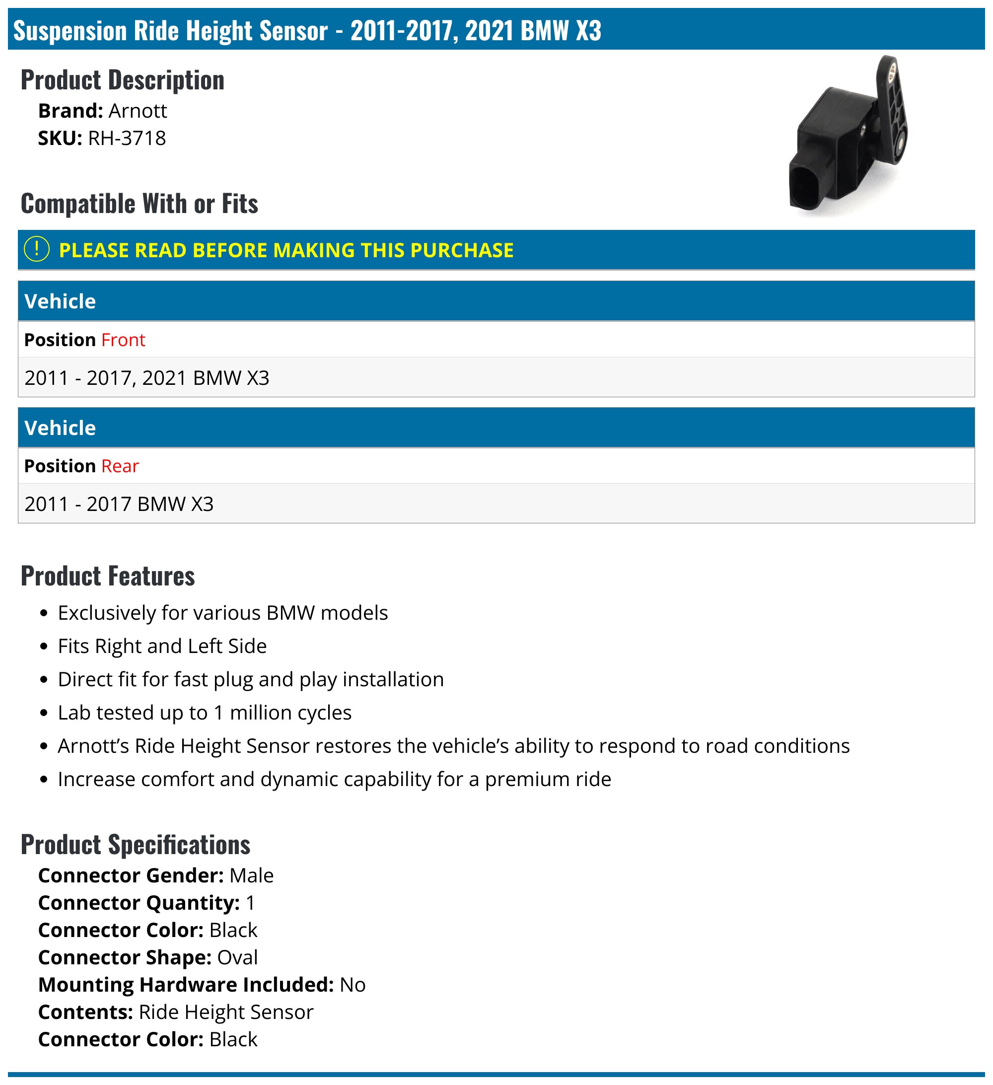 2011-2017, 2021 BMW X3 Suspension Ride Height Sensor - Arnott RH-3718 ...