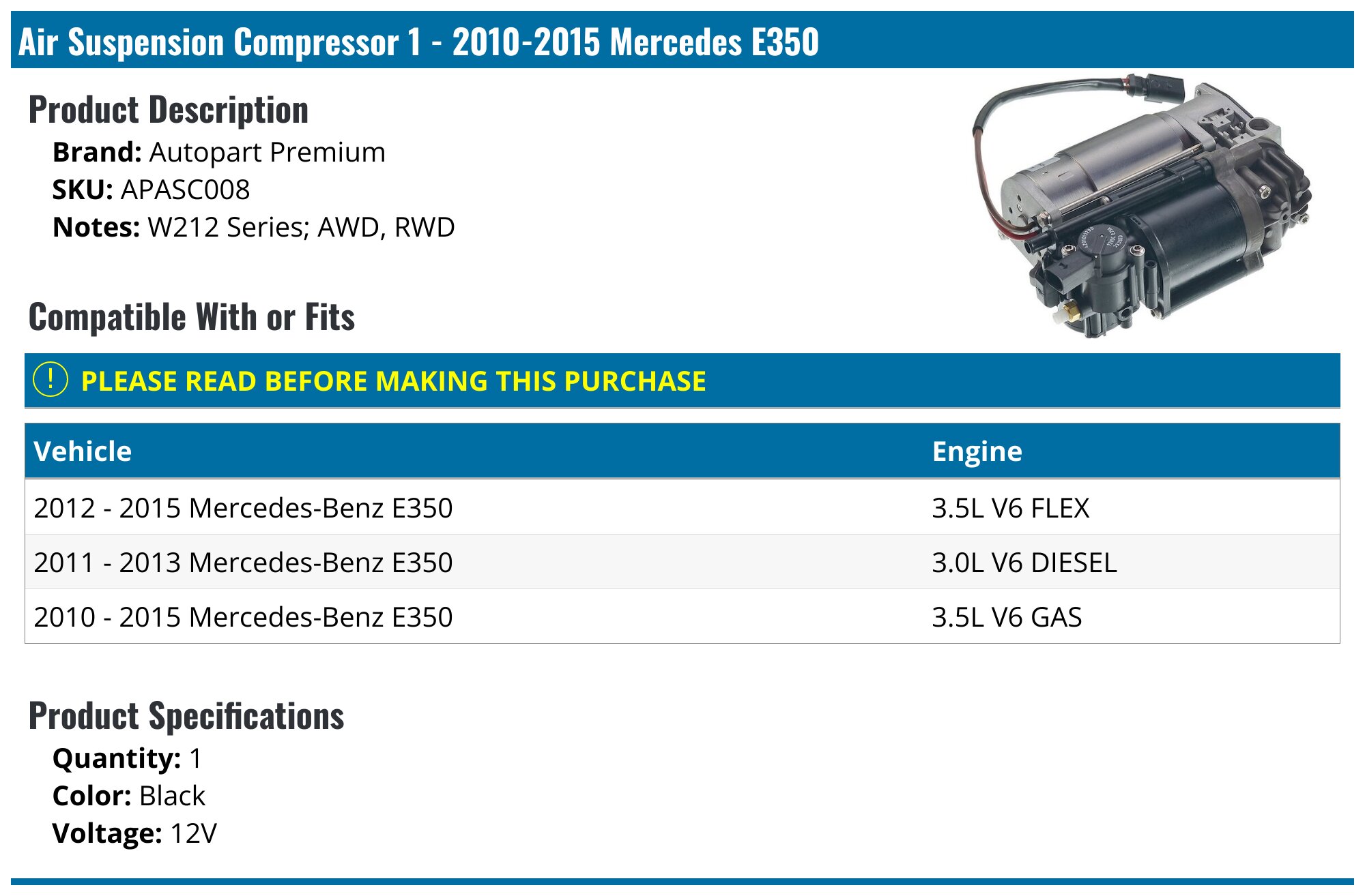 2010-2015 Mercedes E350 Suspension Compressor - Autopart Premium ...