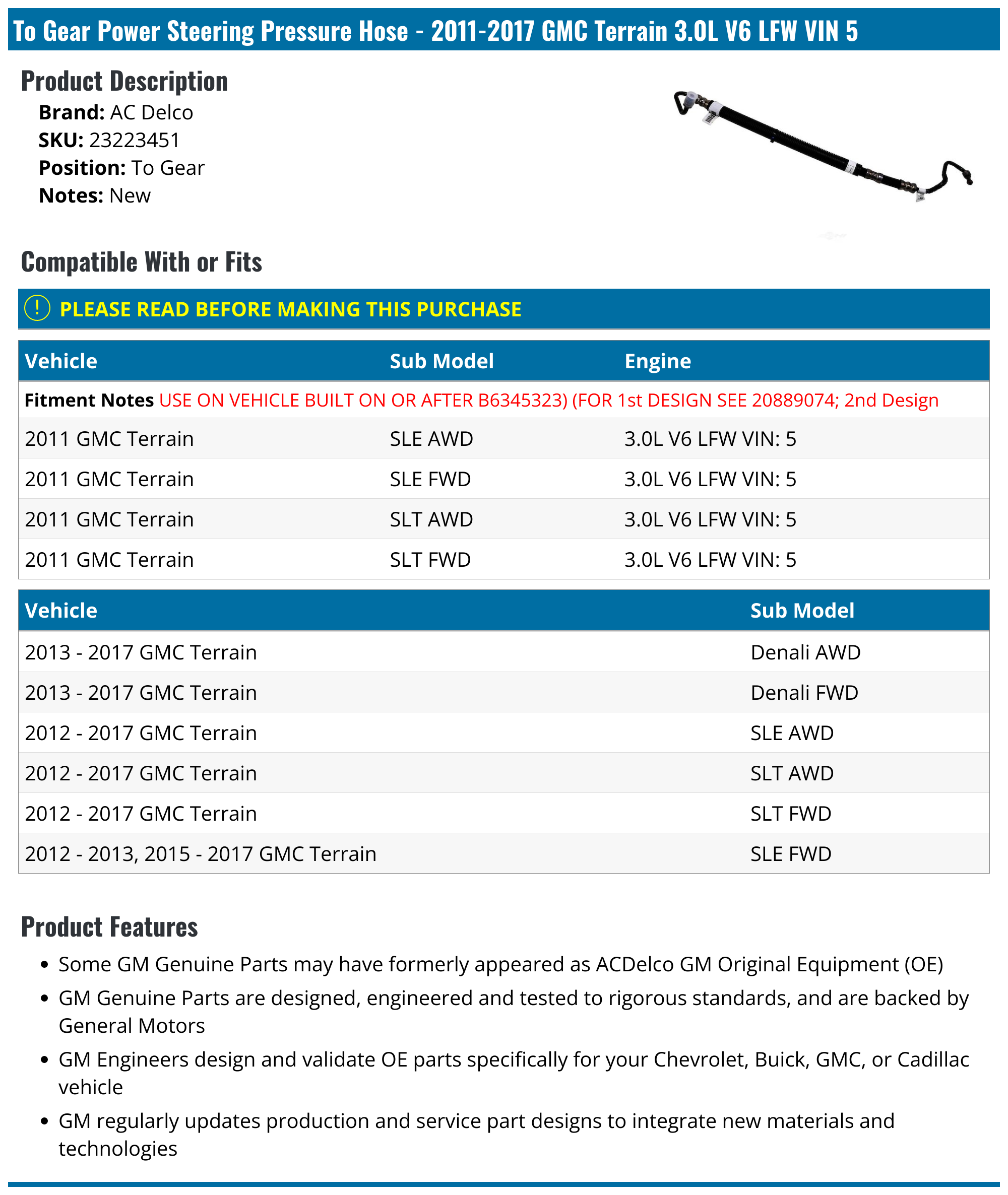 2011-2017 GMC Terrain Power Steering Hose - AC Delco 23223451 - To Gear ...