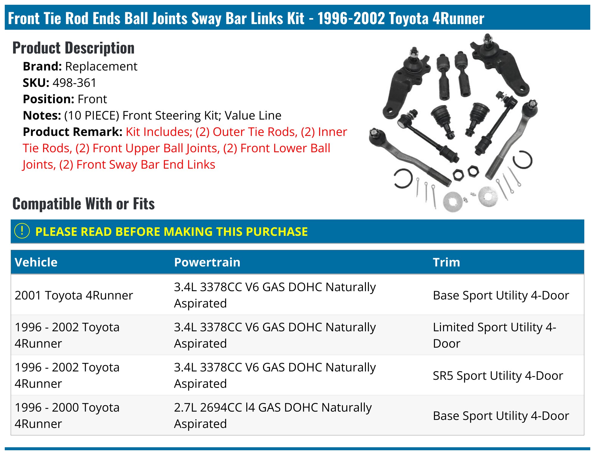 1996-2002 Toyota 4Runner Tie Rod End - Replacement 498-361 - Front ...