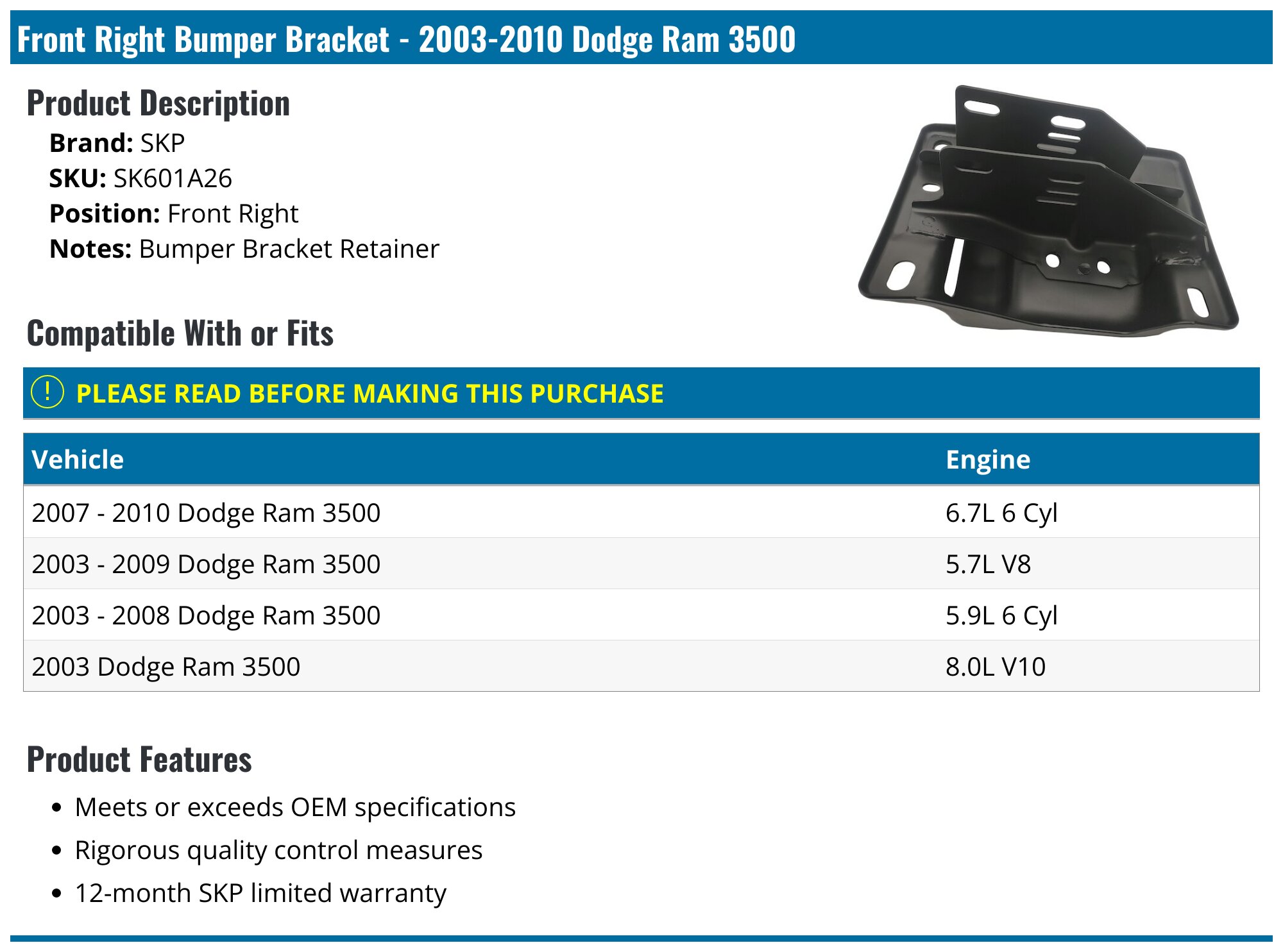 2003-2010 Dodge Ram 3500 Bumper Bracket - SKP SK601A26 - Front Right ...