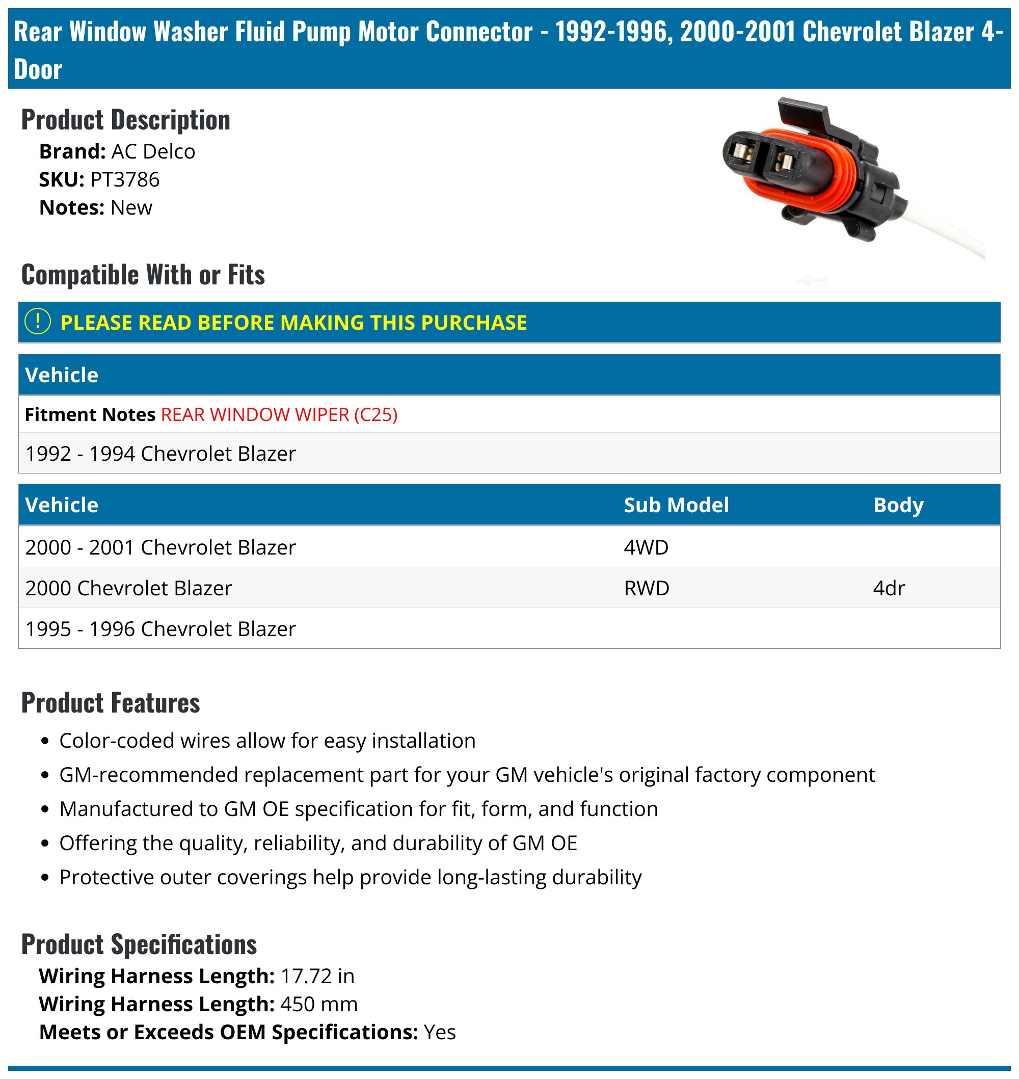 1992-1996, 2000-2001 Chevrolet Blazer Rear Window Washer Fluid Pump ...
