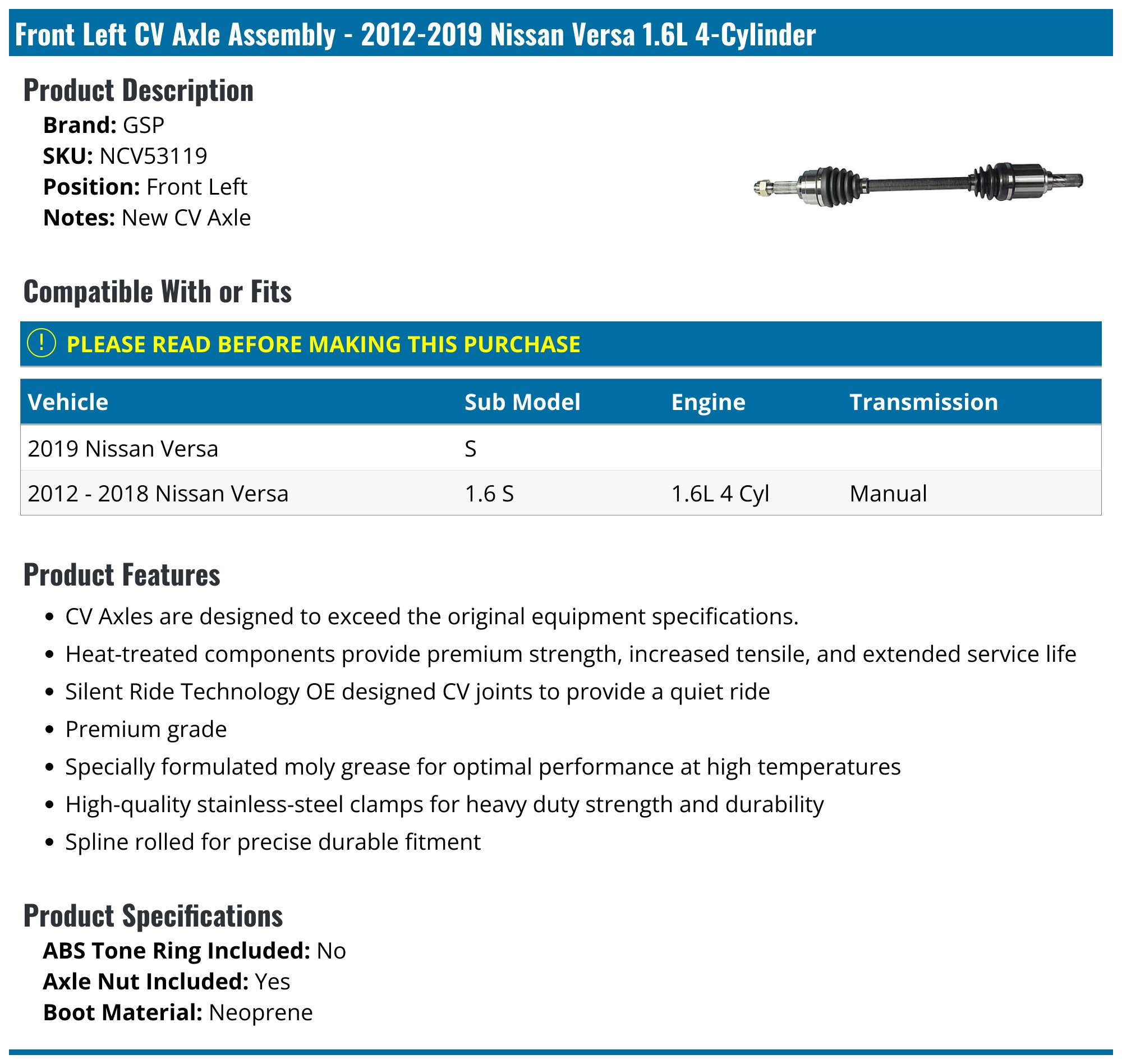 2012-2019 Nissan Versa Axle Assembly - GSP NCV53119 - Front Left ...
