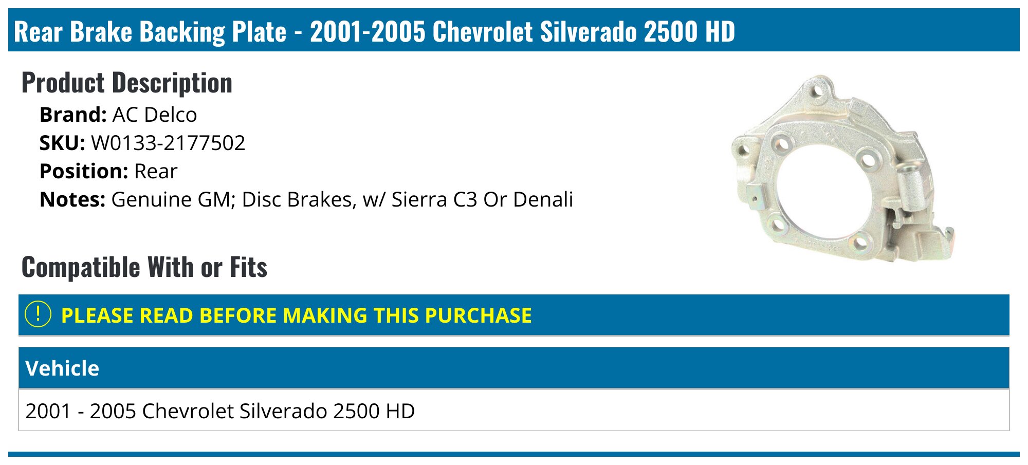 2001-2005 Chevrolet Silverado 2500 HD Brake Dust Shield - AC Delco ...