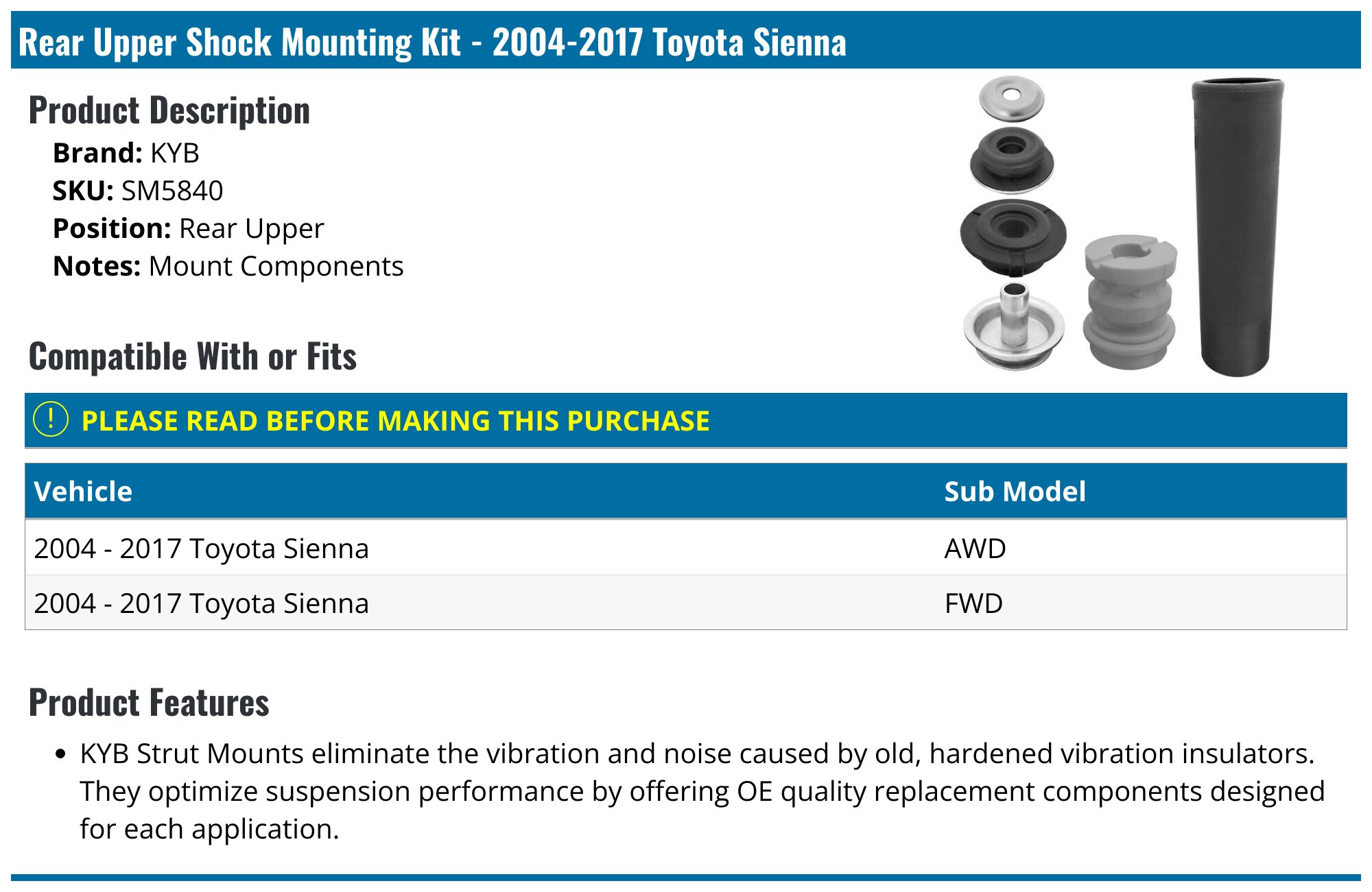 2004-2017 Toyota Sienna Shock Mounting Kit - KYB SM5840 - Rear Upper ...