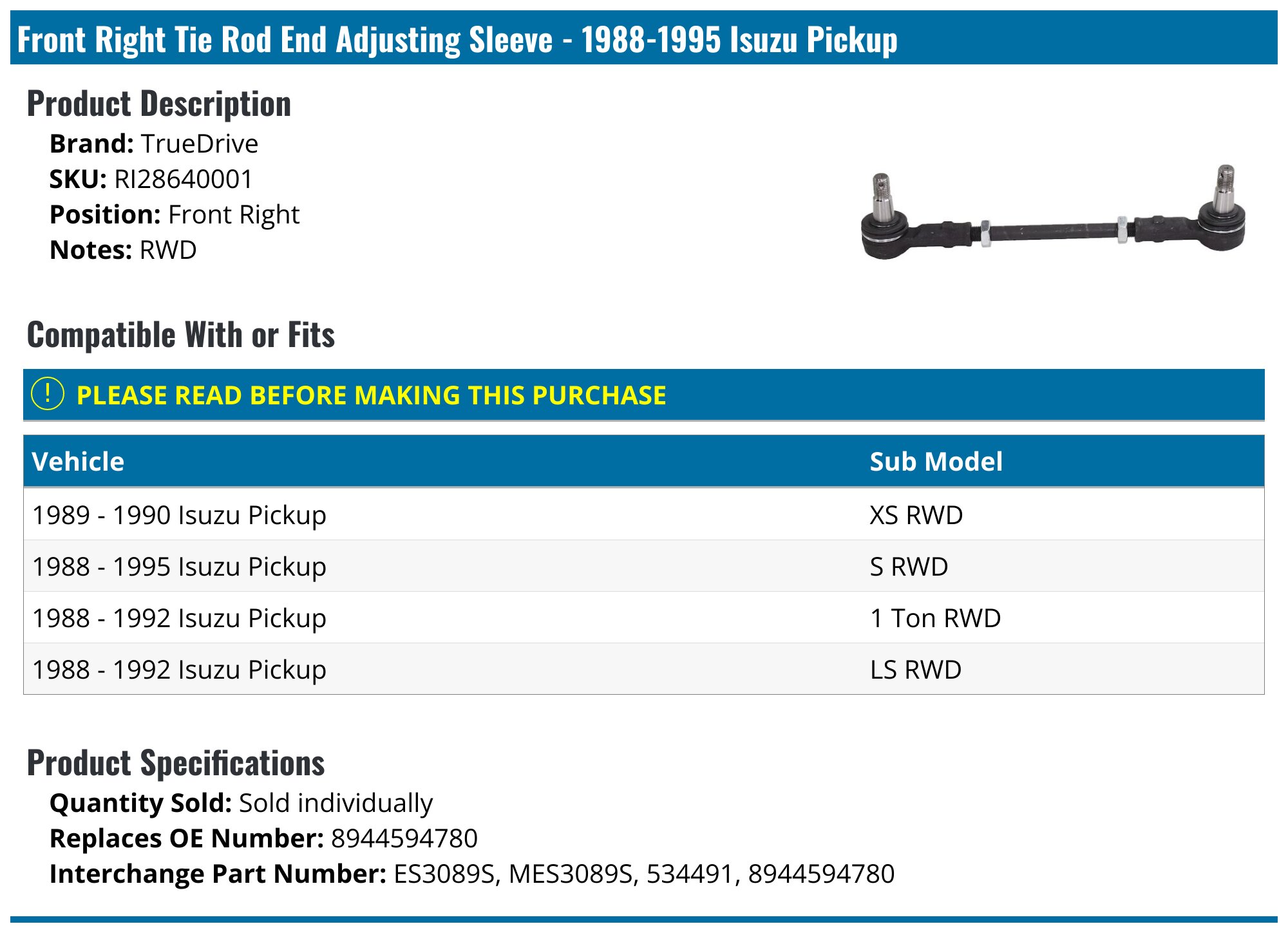 1988-1995 Isuzu Pickup Tie Rod End Adjusting Sleeve - TrueDrive ...