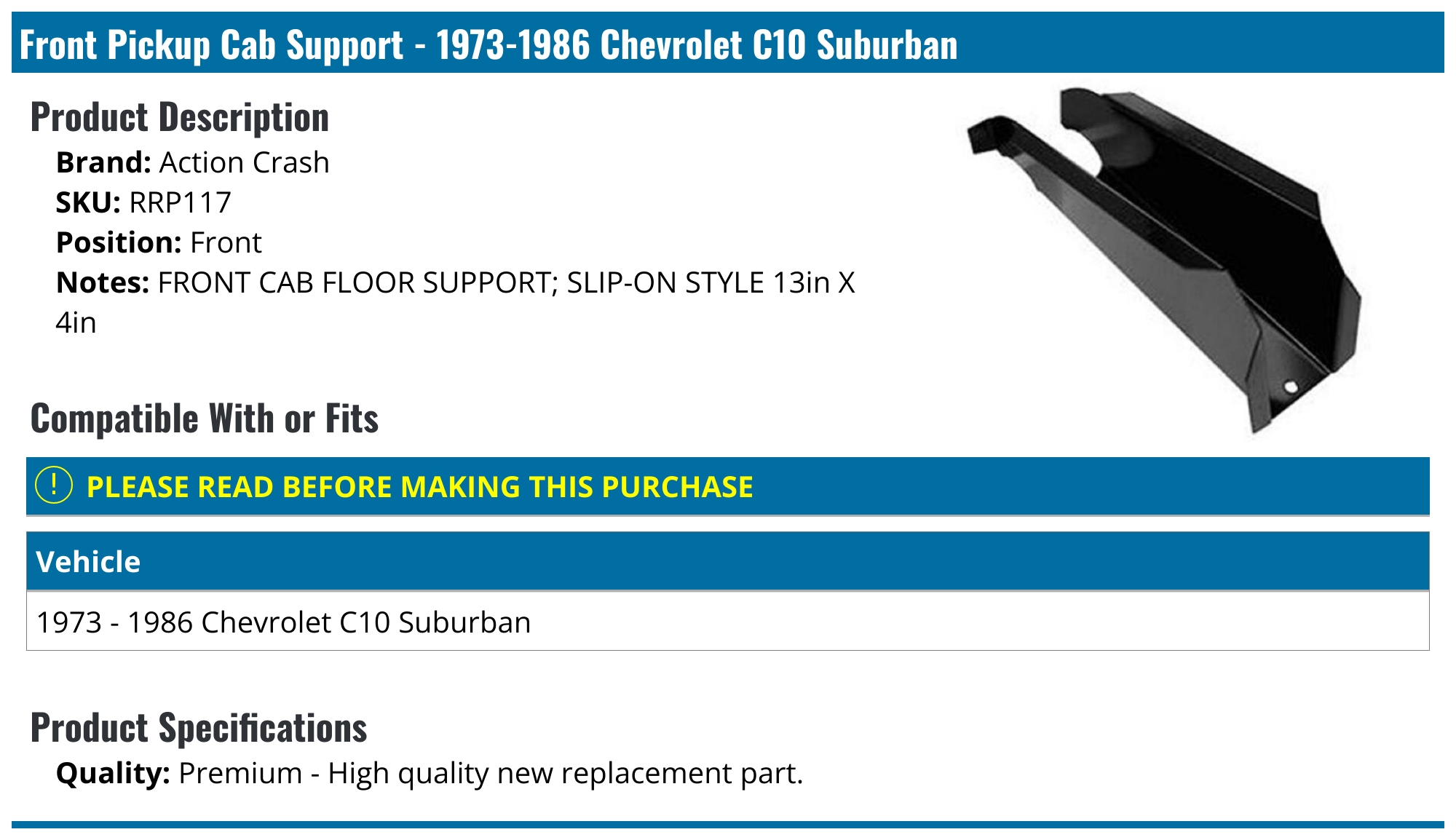 1973-1986 Chevrolet C10 Suburban Pickup Cab Support - Action Crash ...