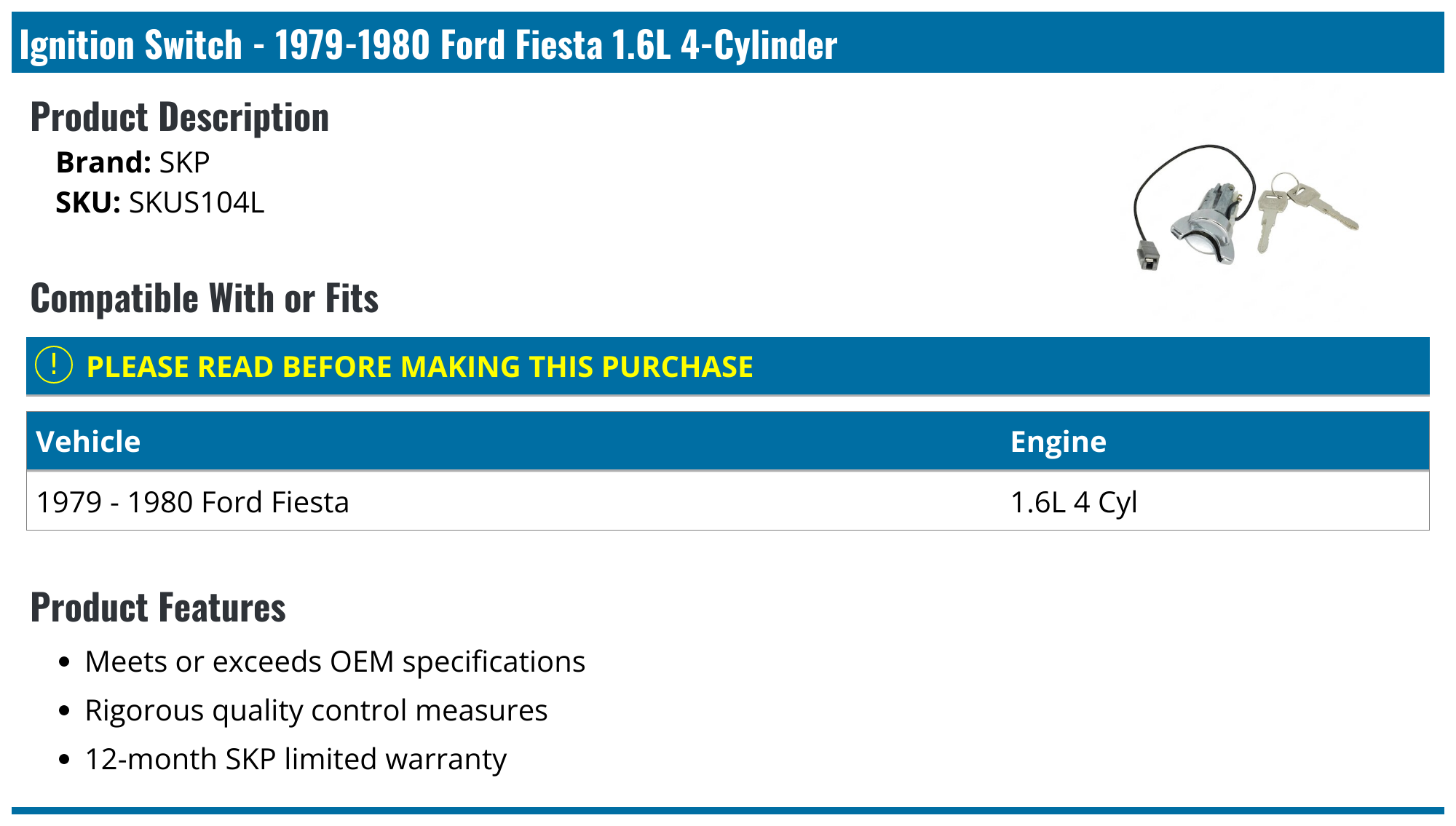 1979-1980 Ford Fiesta Ignition Switch - SKP SKUS104L - PartsGeek.com