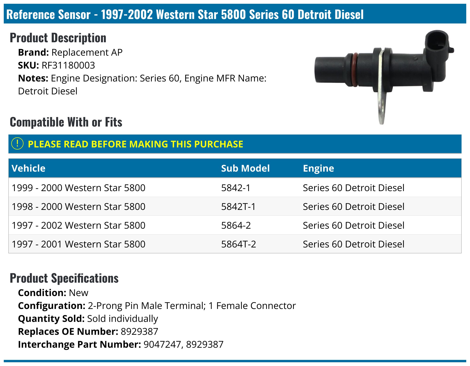 1997-2002 Western Star 5800 Crank Position Sensor - Replacement AP ...