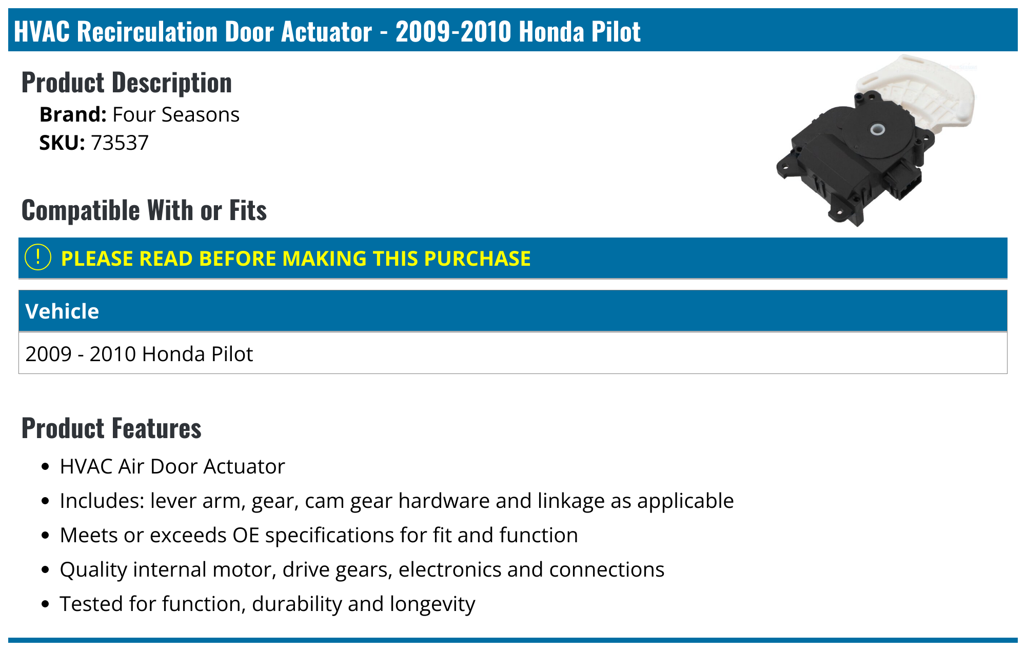 2009-2010 Honda Pilot HVAC Recirculation Door Actuator - Four Seasons ...
