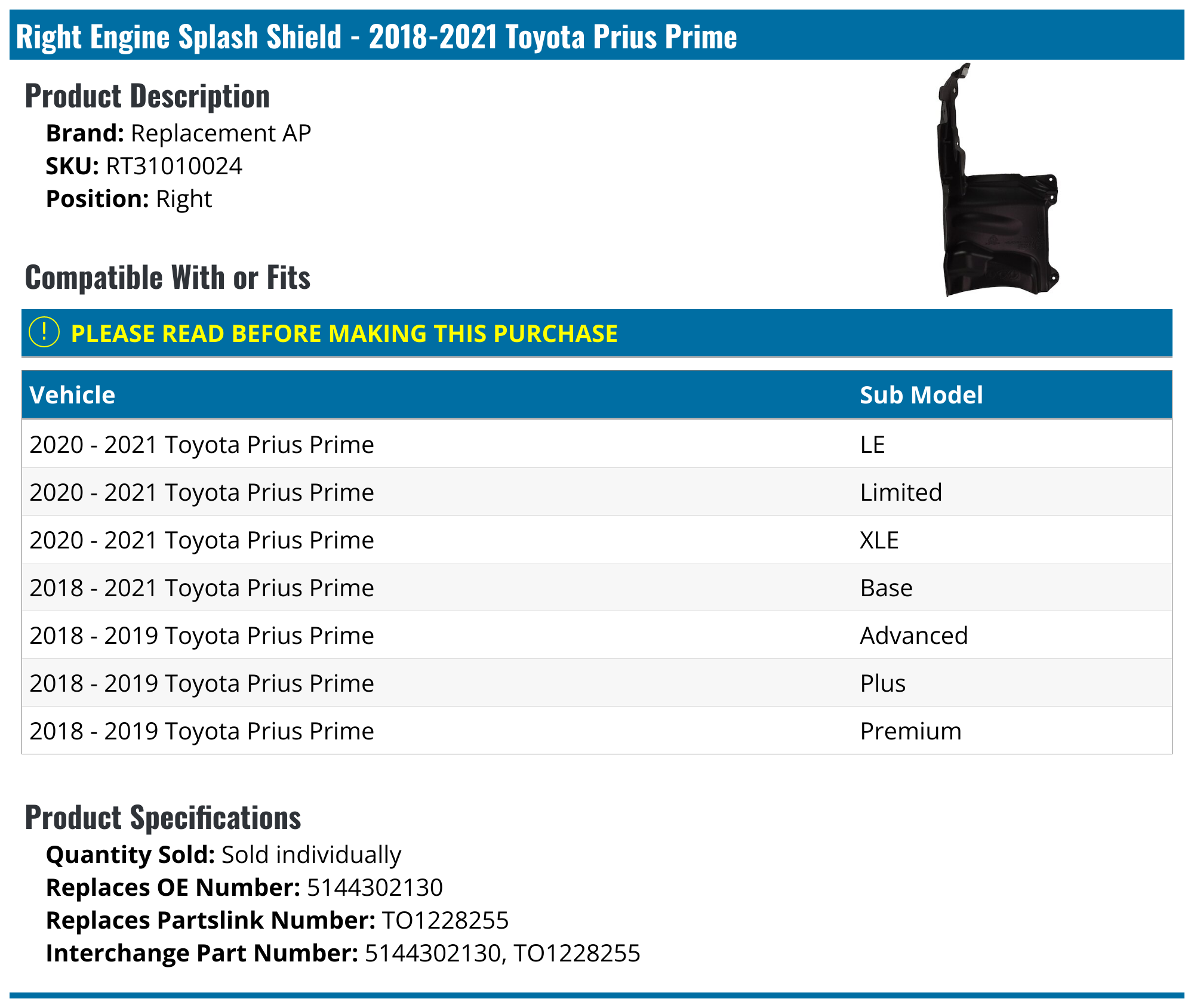 2018-2022 Toyota Prius Prime Lower Engine Cover - Replacement AP ...