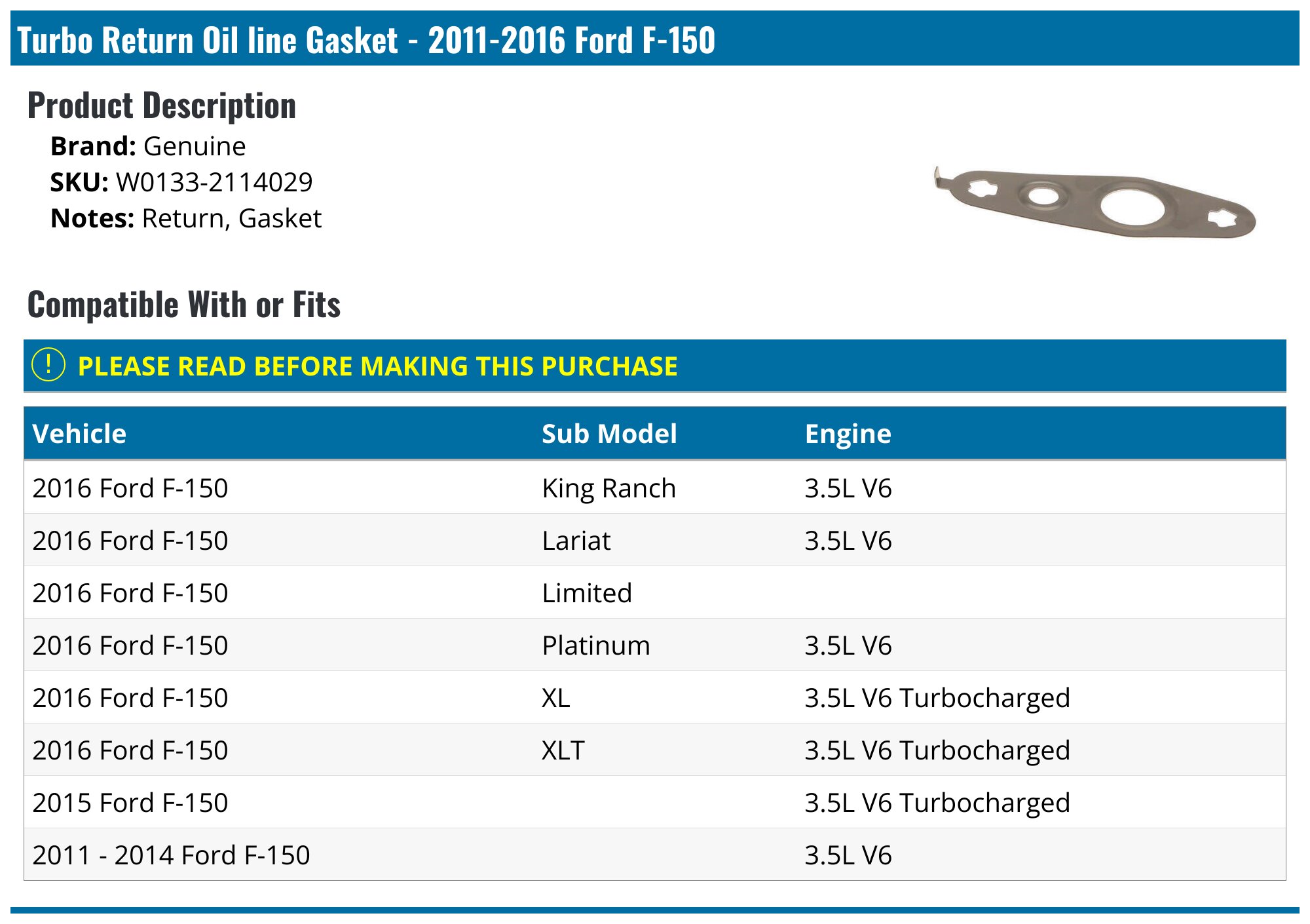 2011-2016 Ford F150 Turbo Oil line Gasket - Genuine W0133-2114029 ...