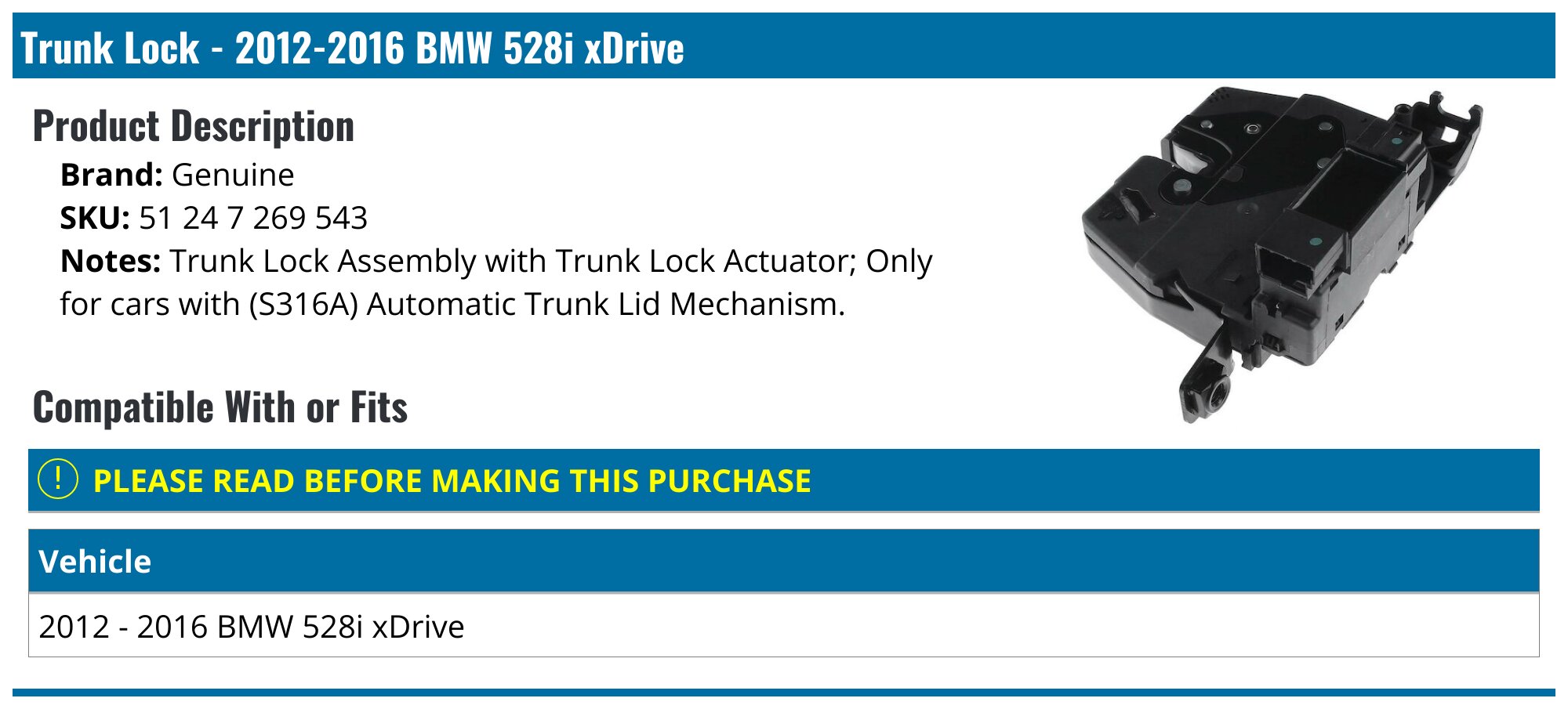 2012-2016 BMW 528i xDrive Trunk Lock - Genuine 51 24 7 269 543 ...