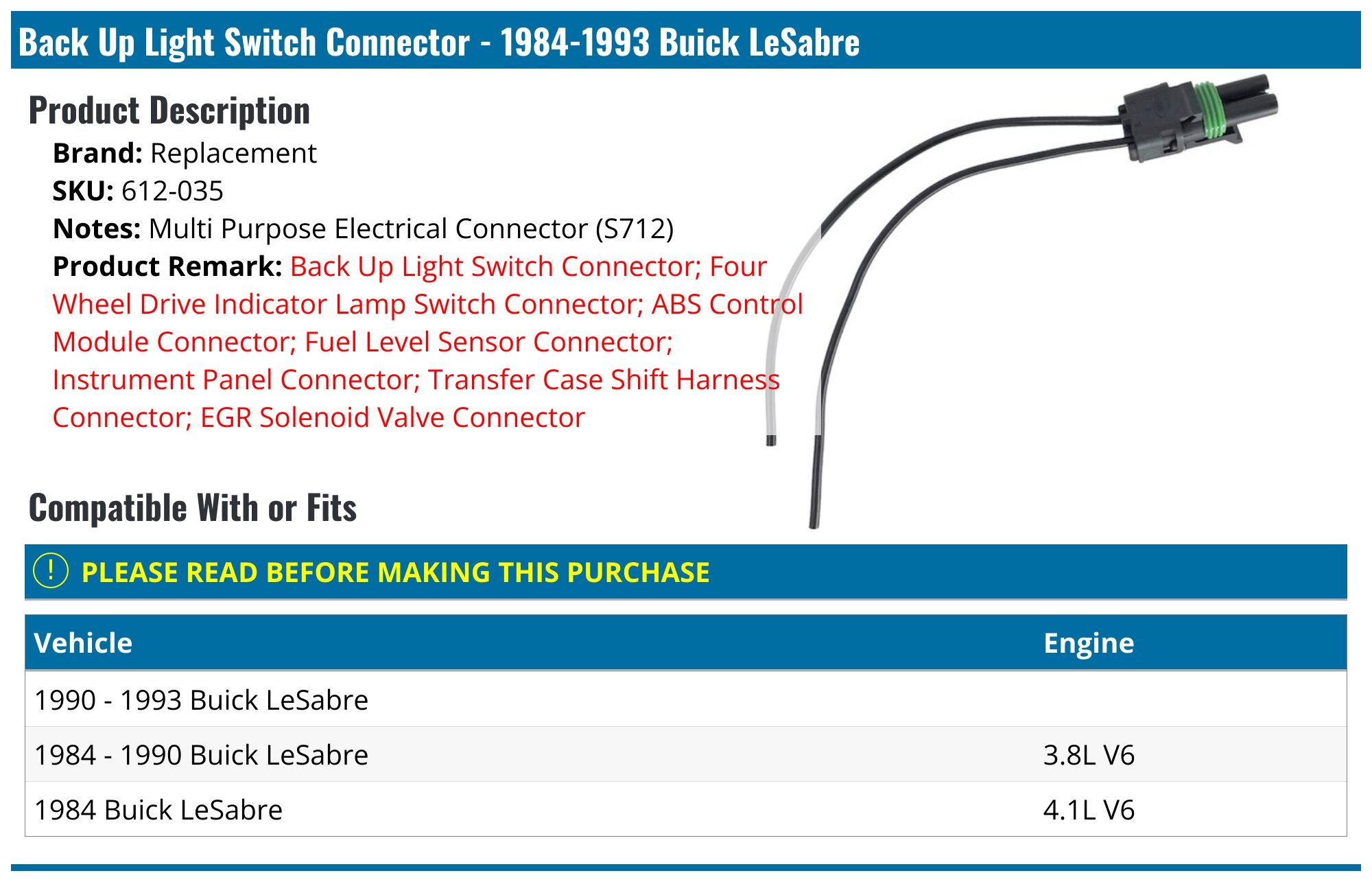 1984-1993 Buick LeSabre Back Up Light Switch Connector - Replacement ...