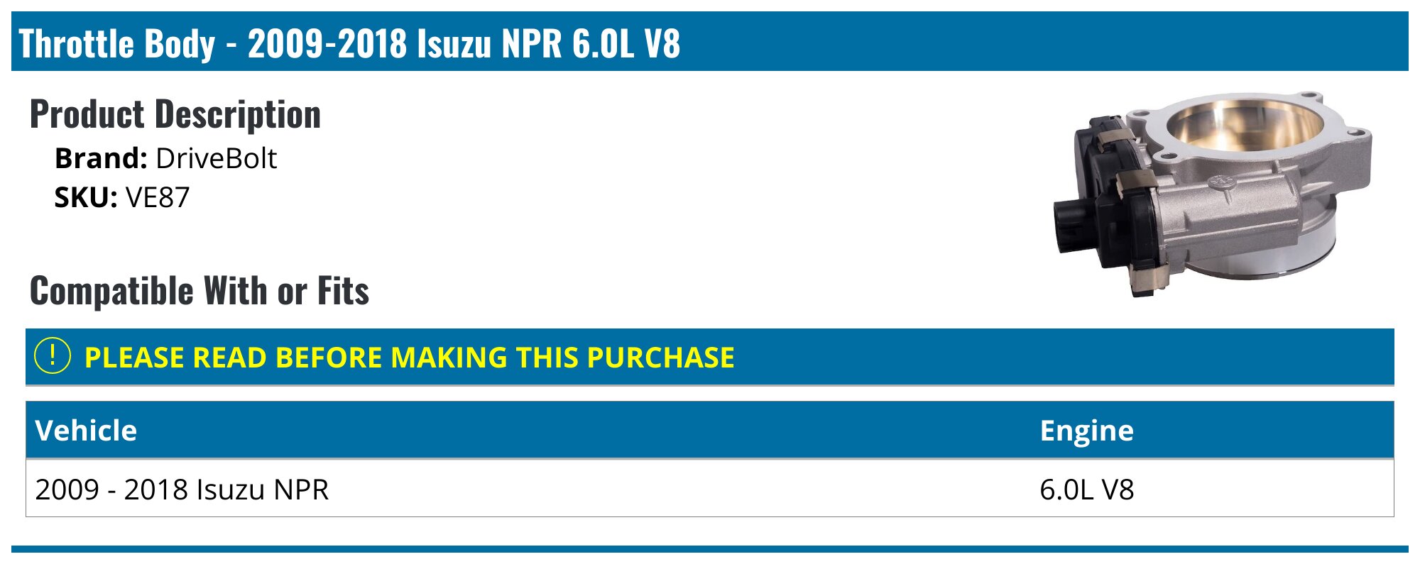 2009-2018 Isuzu NPR Throttle Body - DriveBolt VE87 - PartsGeek.com