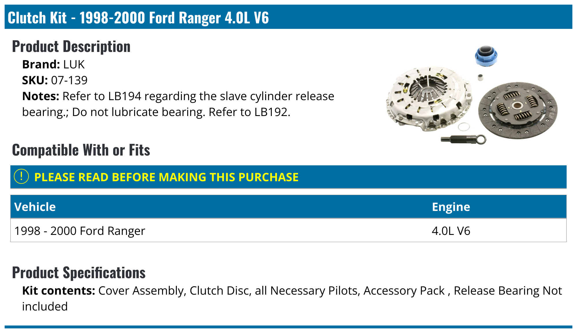 1998-2000 Ford Ranger Clutch Kit - LUK 07-139 - PartsGeek.com