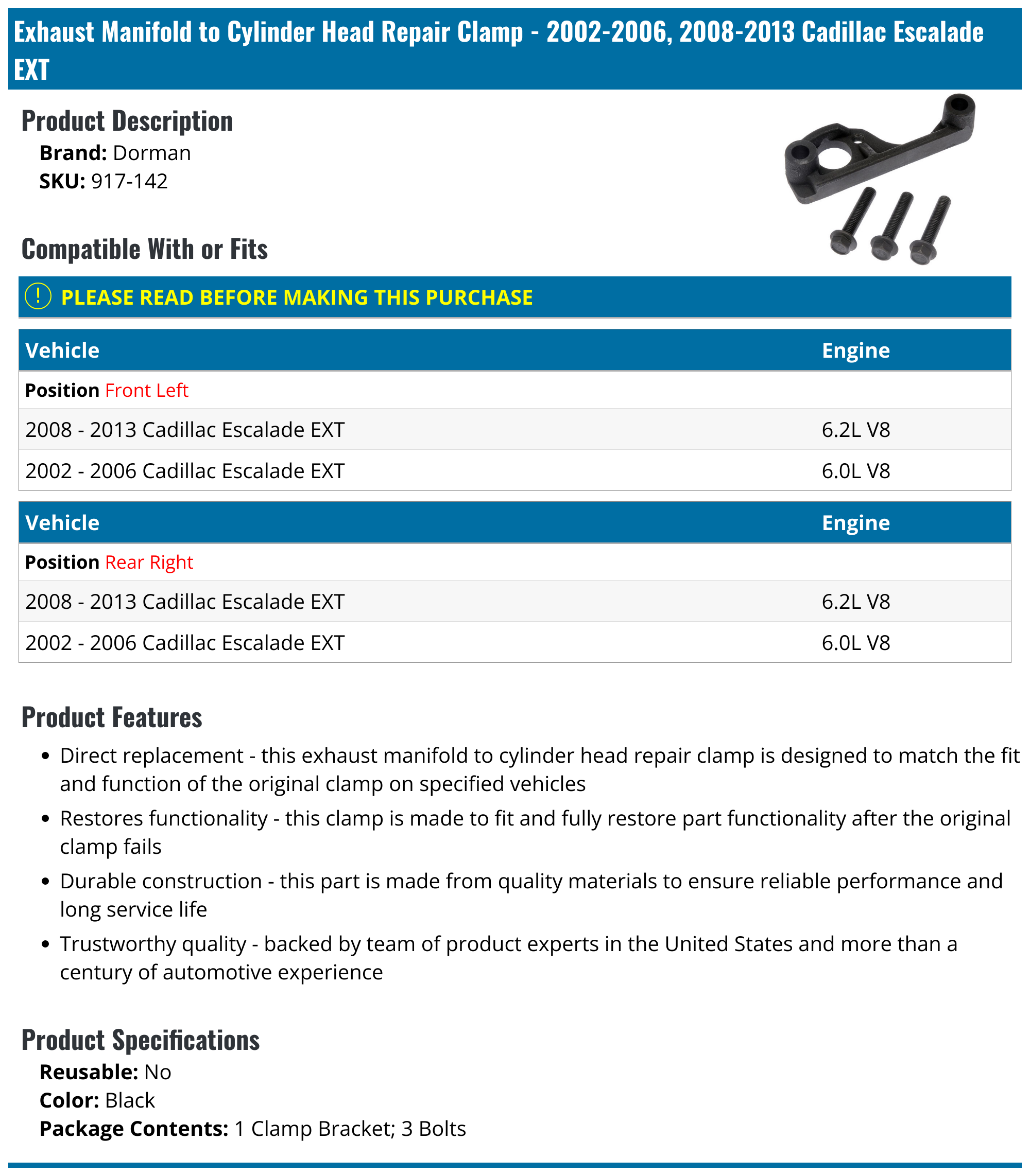 2002-2006, 2008-2013 Cadillac Escalade EXT Exhaust Manifold to Cylinder ...