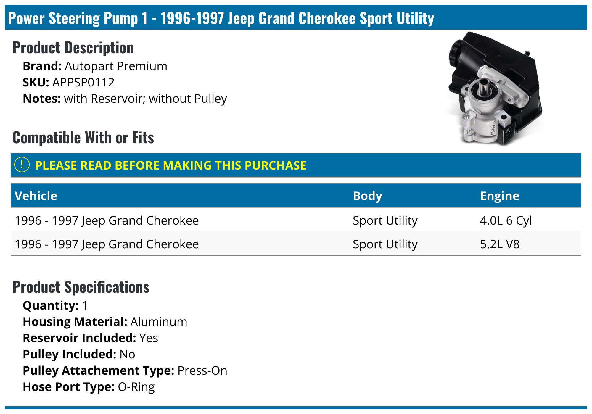 1996-1997 Jeep Grand Cherokee Power Steering Pump - Autopart Premium ...