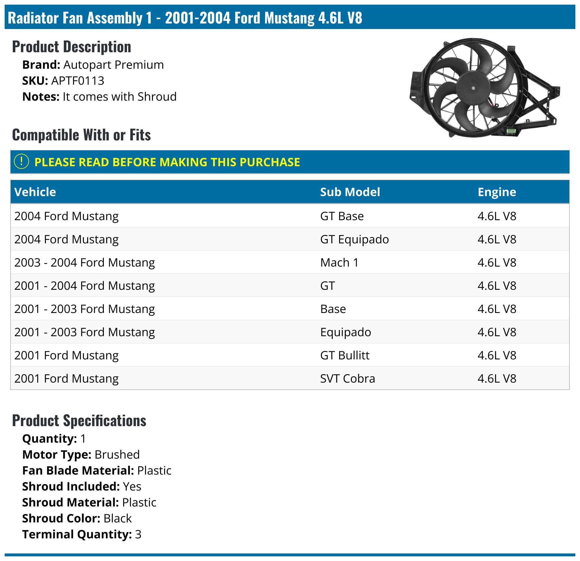 2001-2004 Ford Mustang Radiator Fan Assembly - Autopart Premium ...